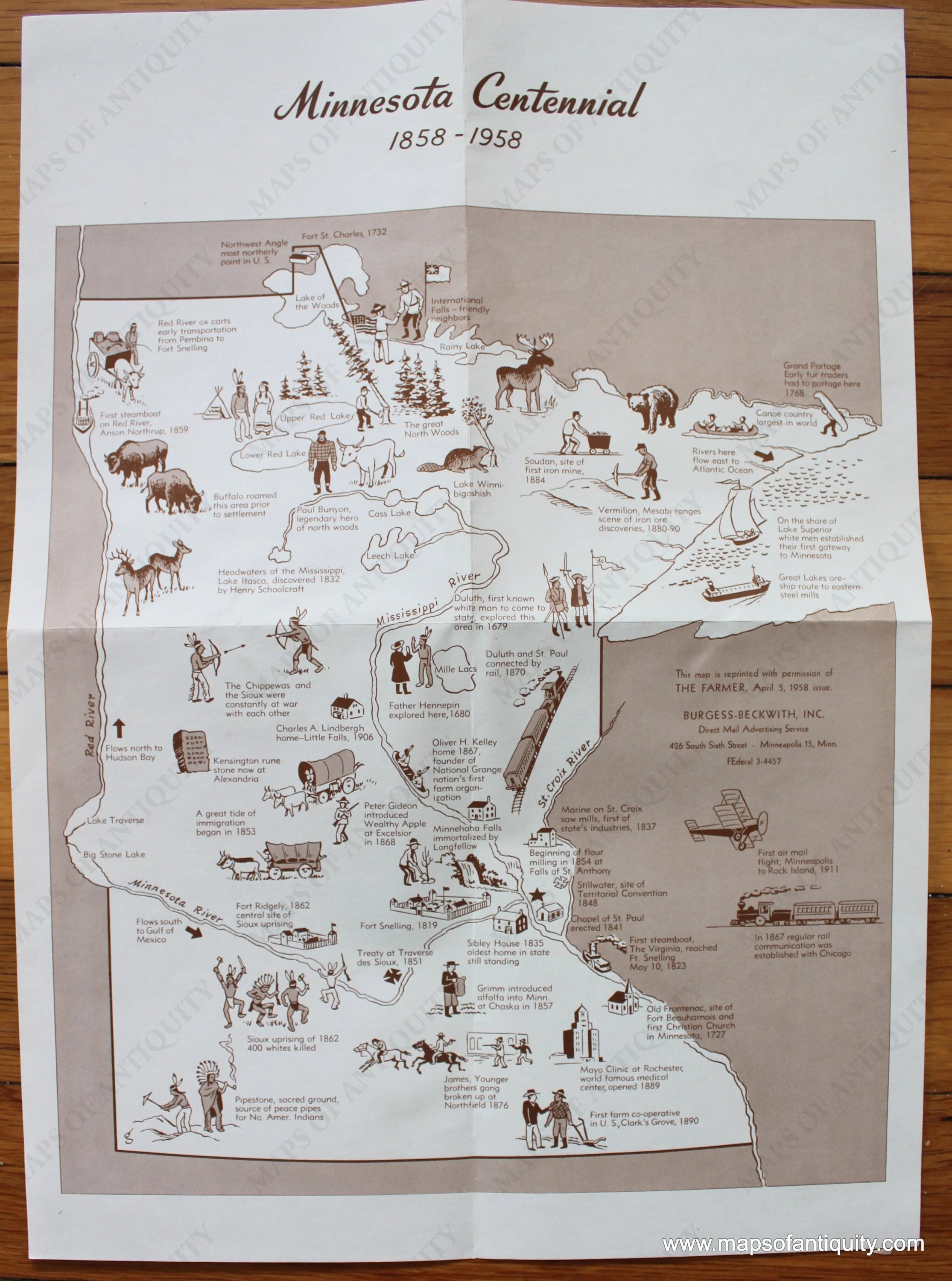 1958 - Minnesota Centennial 1858-1958 - Antique Pictorial Map – Maps of ...