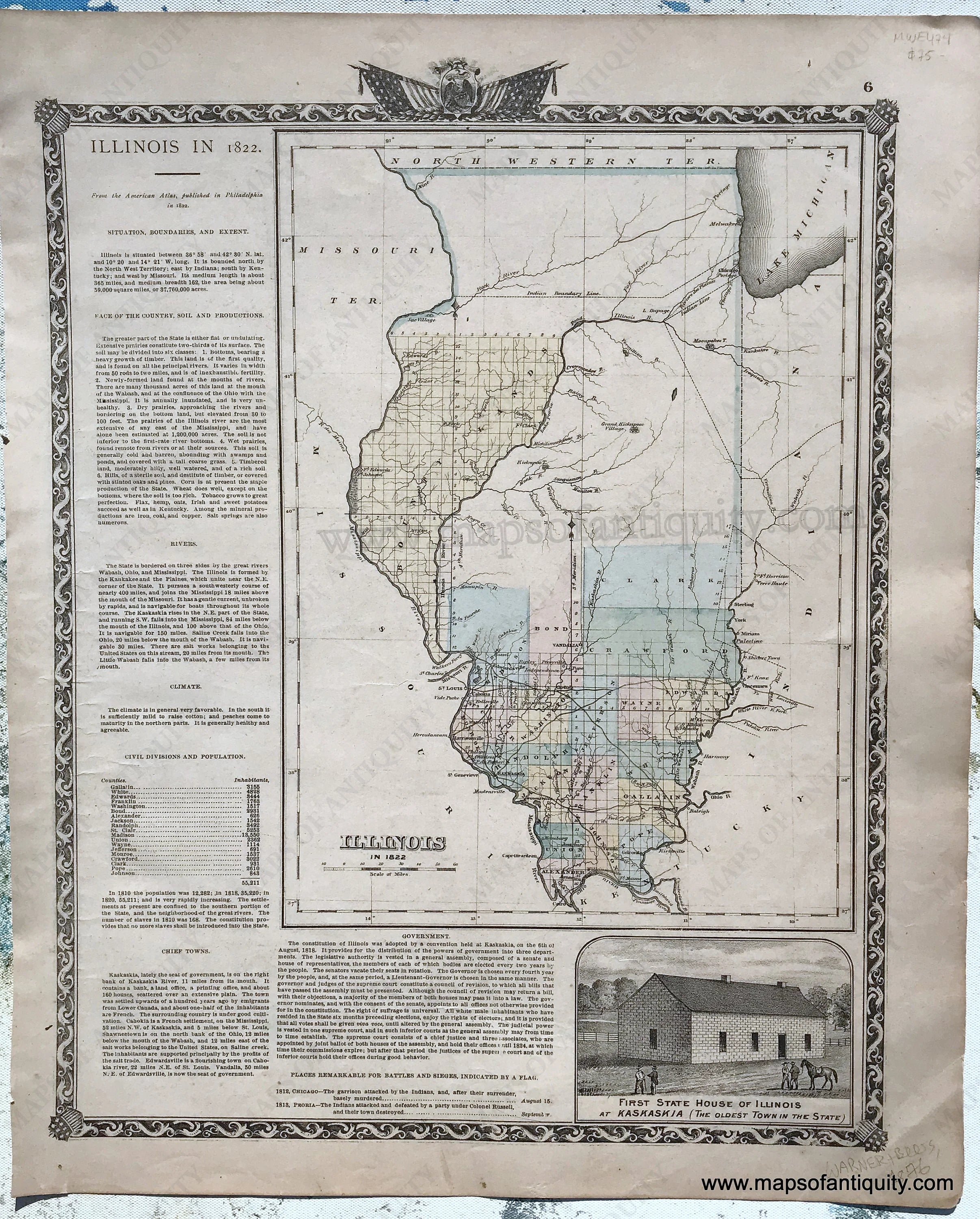 1876 - Illinois in 1822; verso: Official Rail Road Map of Illinois. 18 ...