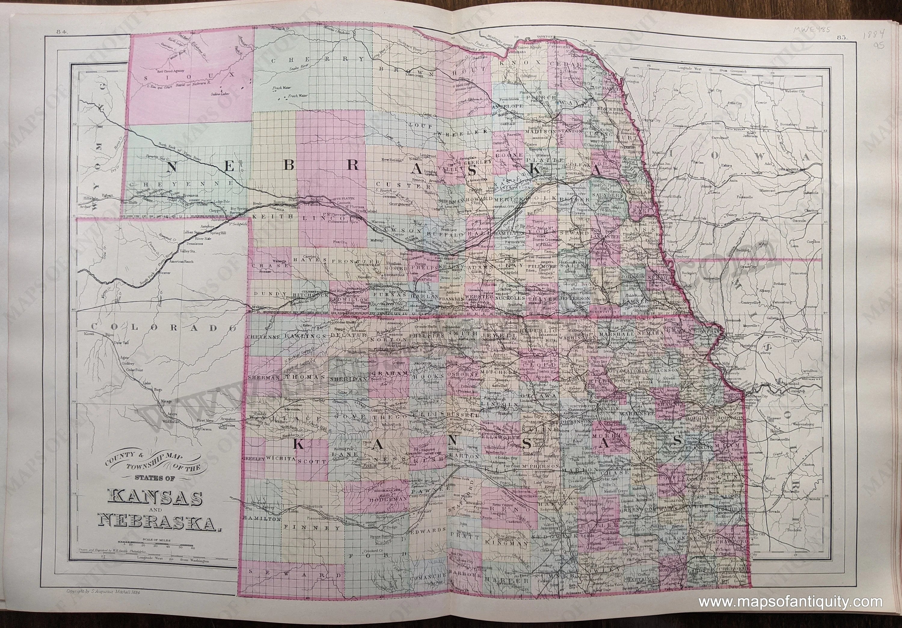 1884 - County and Township Map of the States of Kansas and Nebraska ...