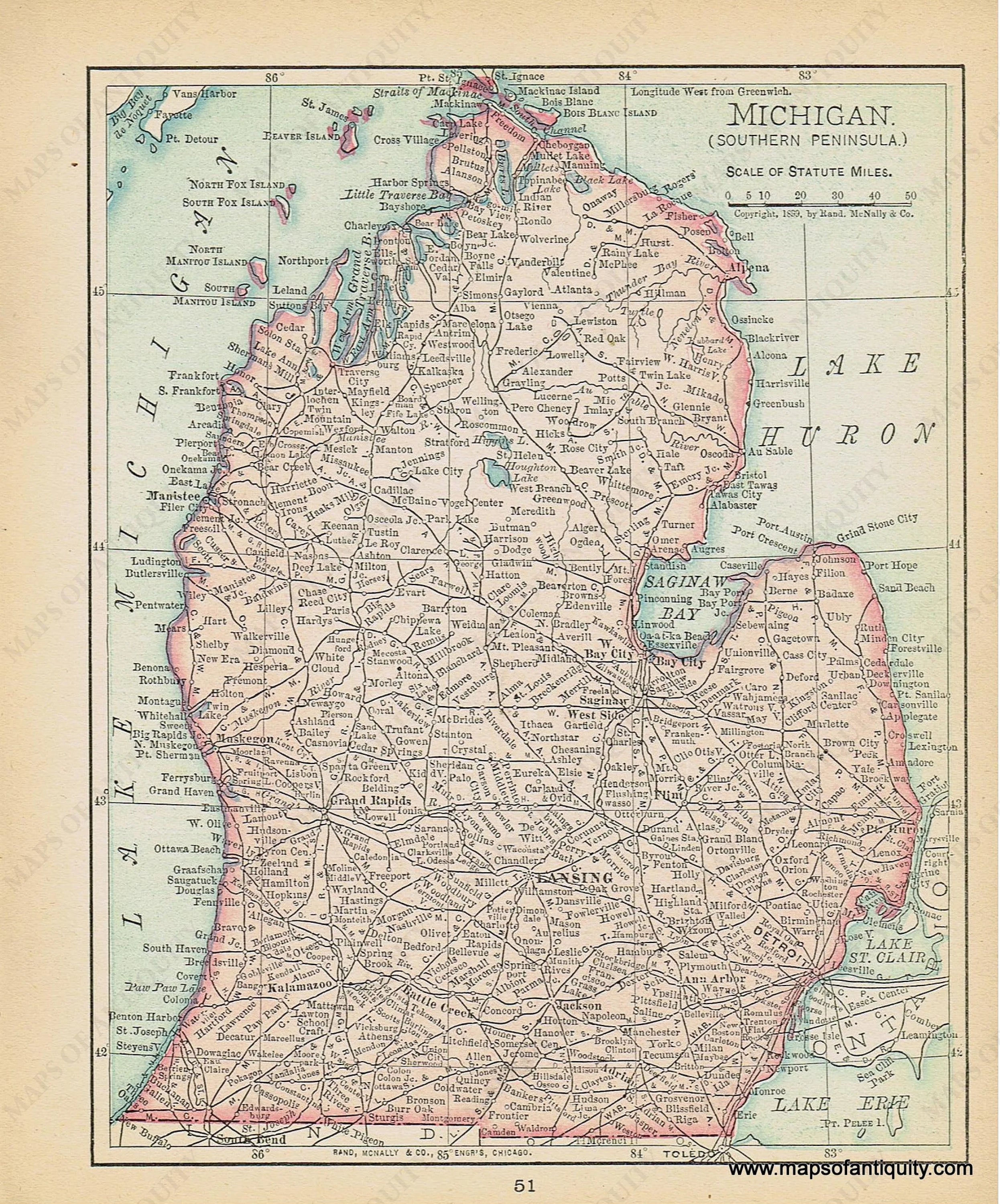1900 - Michigan (Southern Peninsula) - Antique Map – Maps of Antiquity