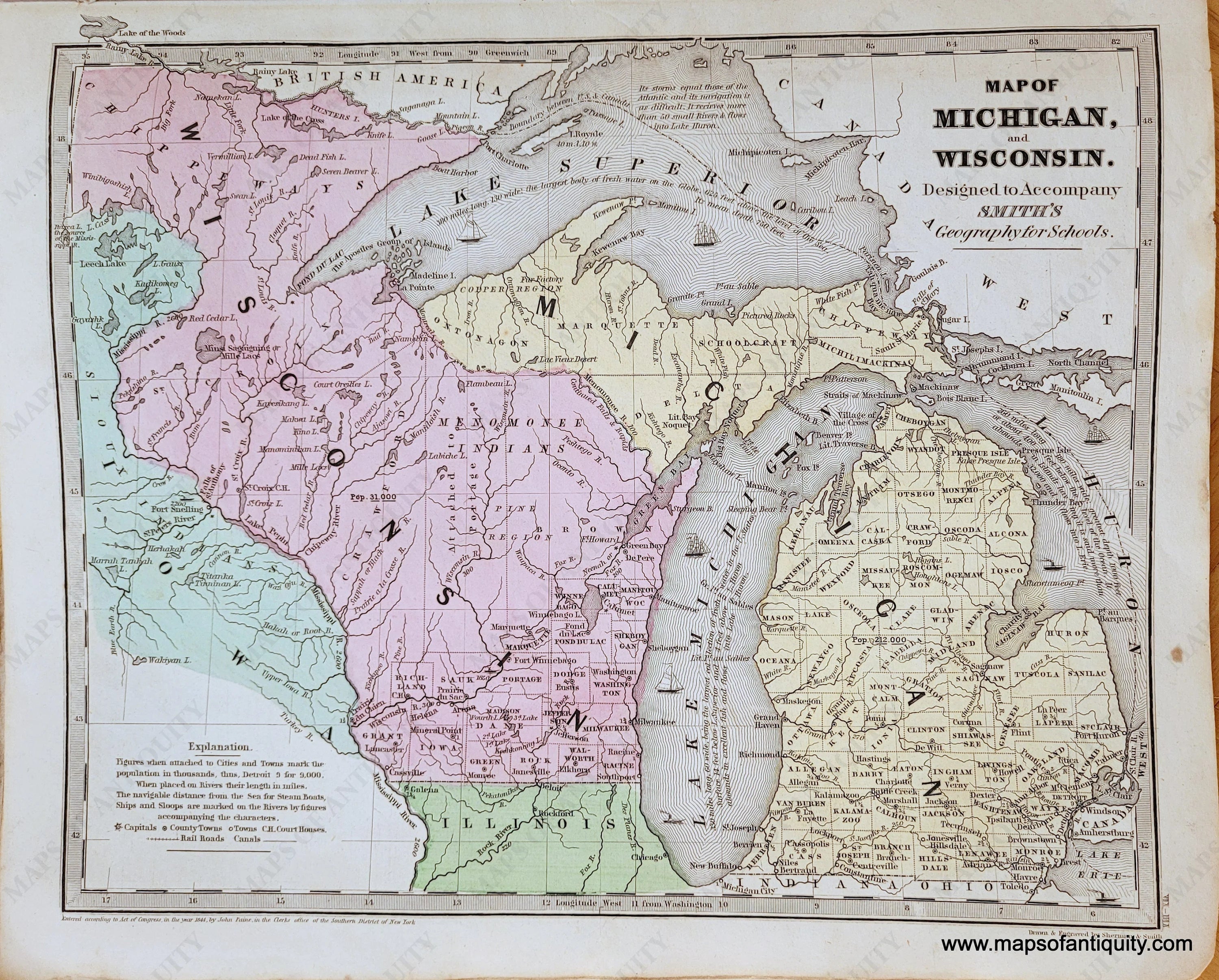 1839 Genuine Antique Map Map of Michigan and Wisconsin – Maps of Antiquity