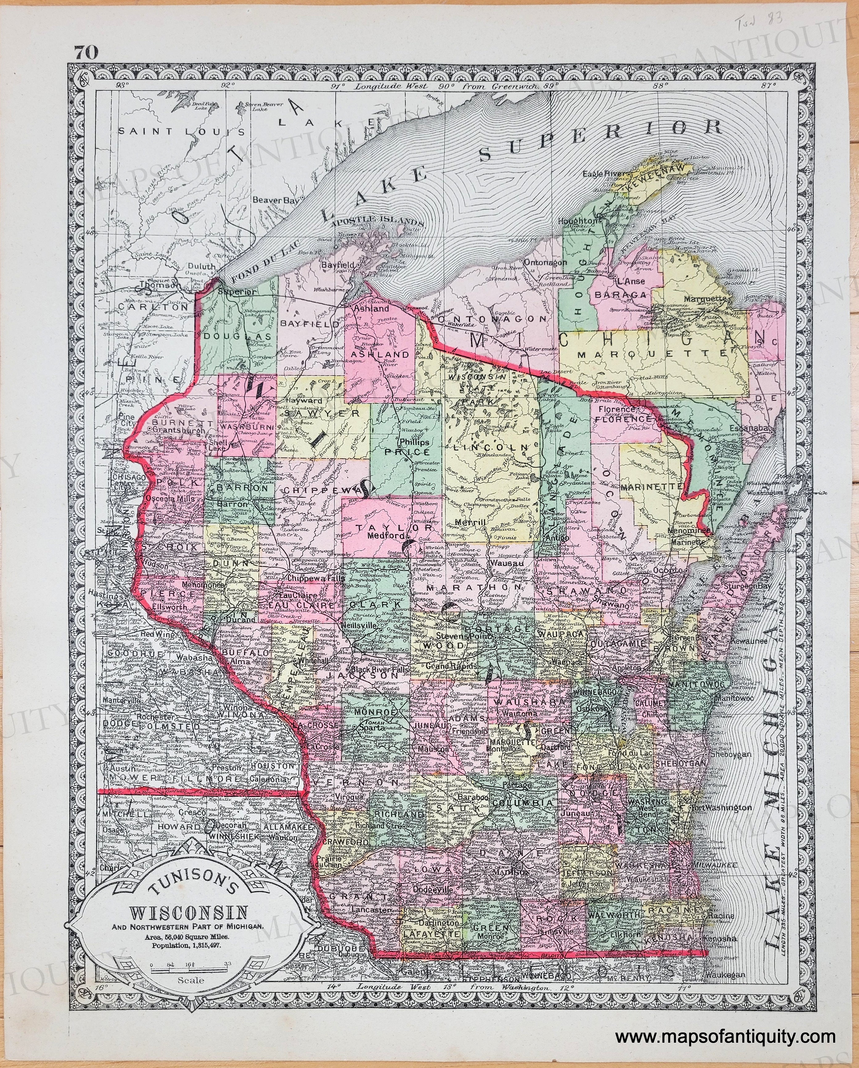 1883 - Double-sided map: Tunison's Minnesota / Tunison's Wisconsin - A ...