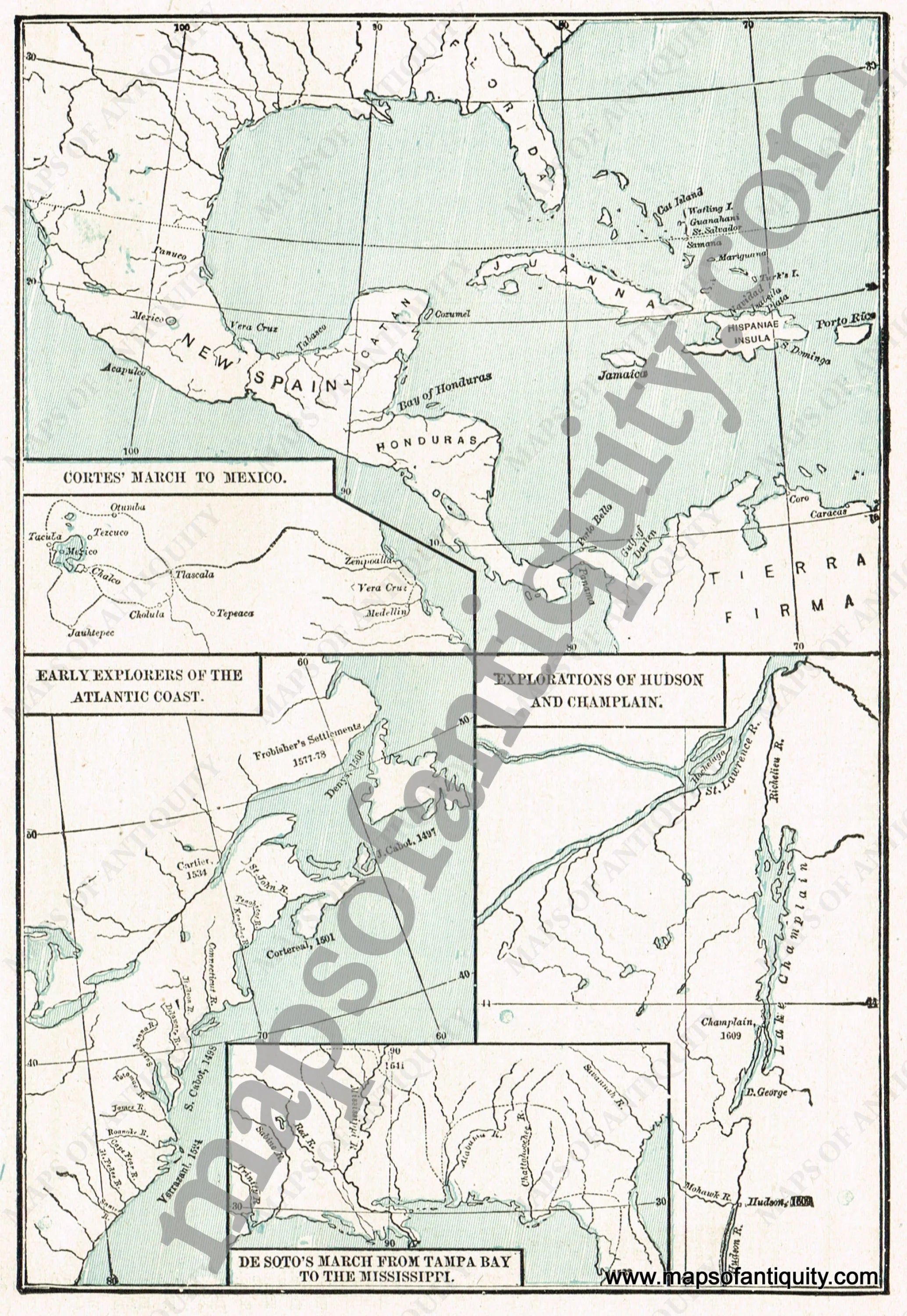 1894 - Cortes, De Soto, and Other Explorations - Antique Map – Maps of ...