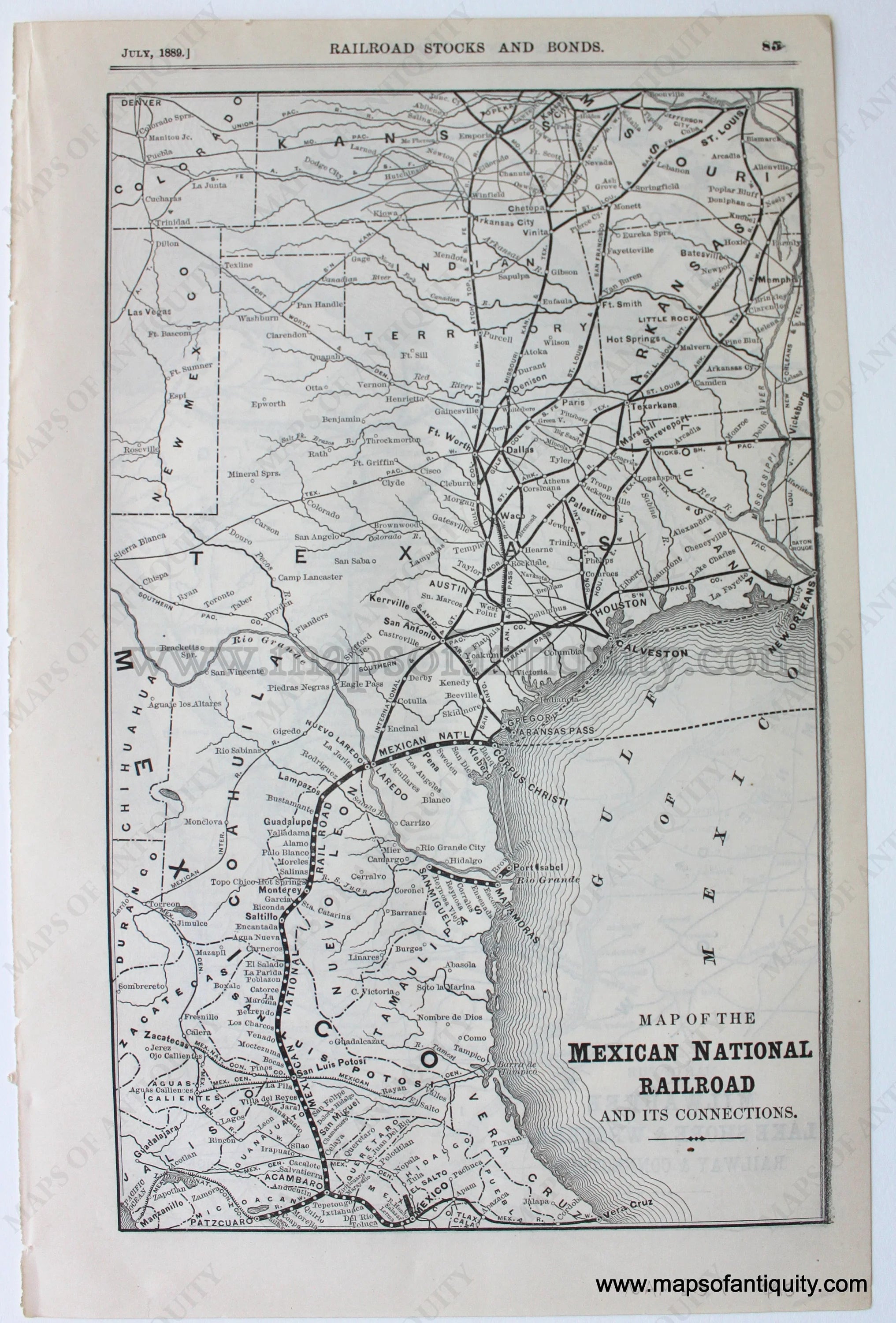 1889 - Map of the Mexican National Railroad and its Connections, verso ...