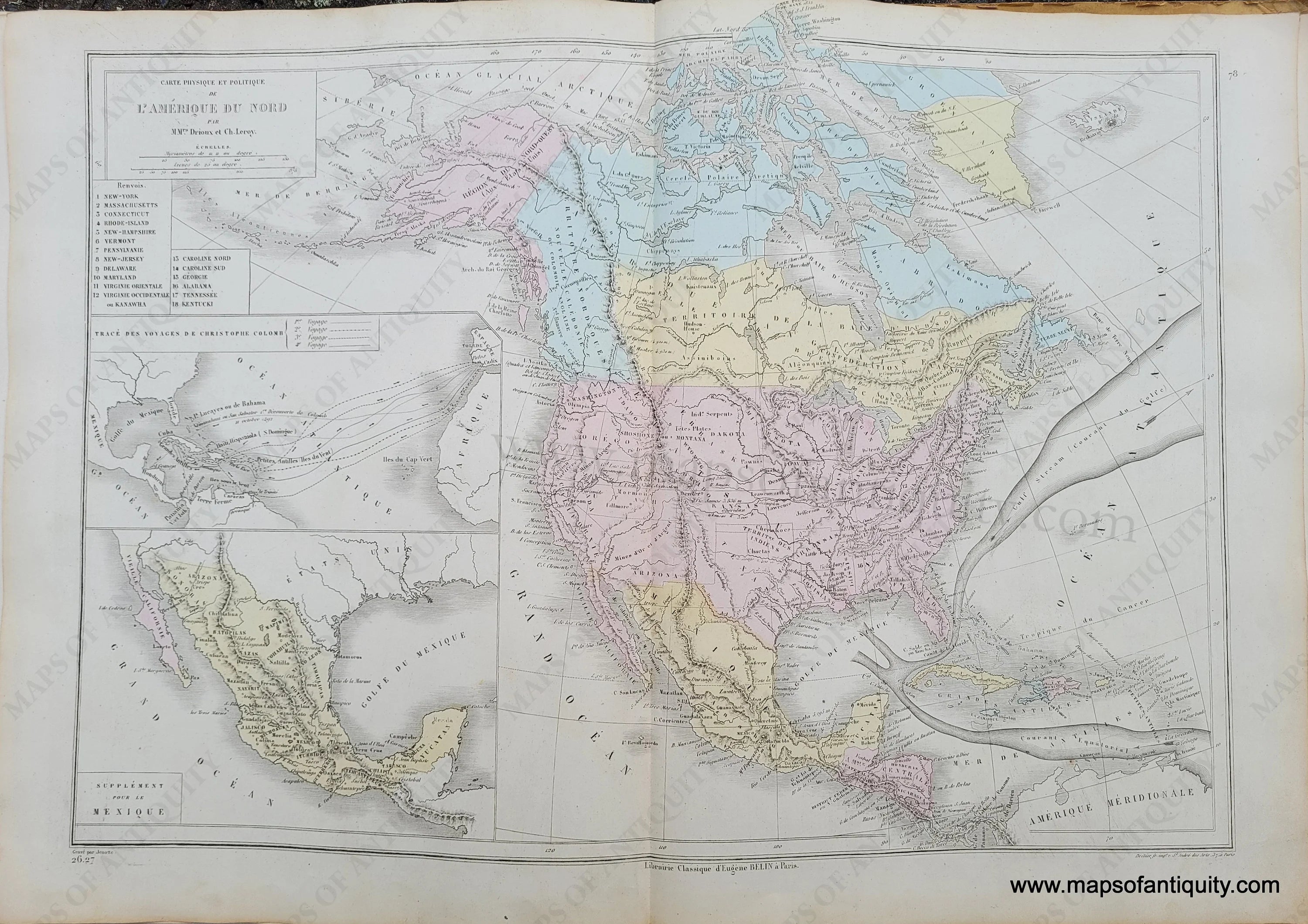 1875 - Carte Physique et Politique de l'Amerique du Nord - Physical an ...