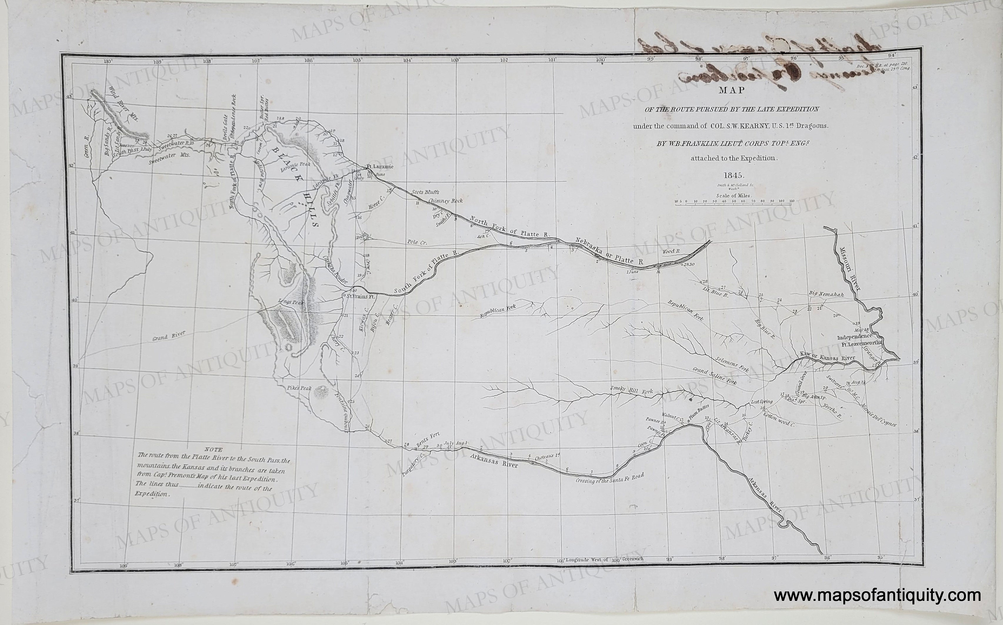 1845 - Central US - Map of the Route Pursued by the Late Expedition un ...