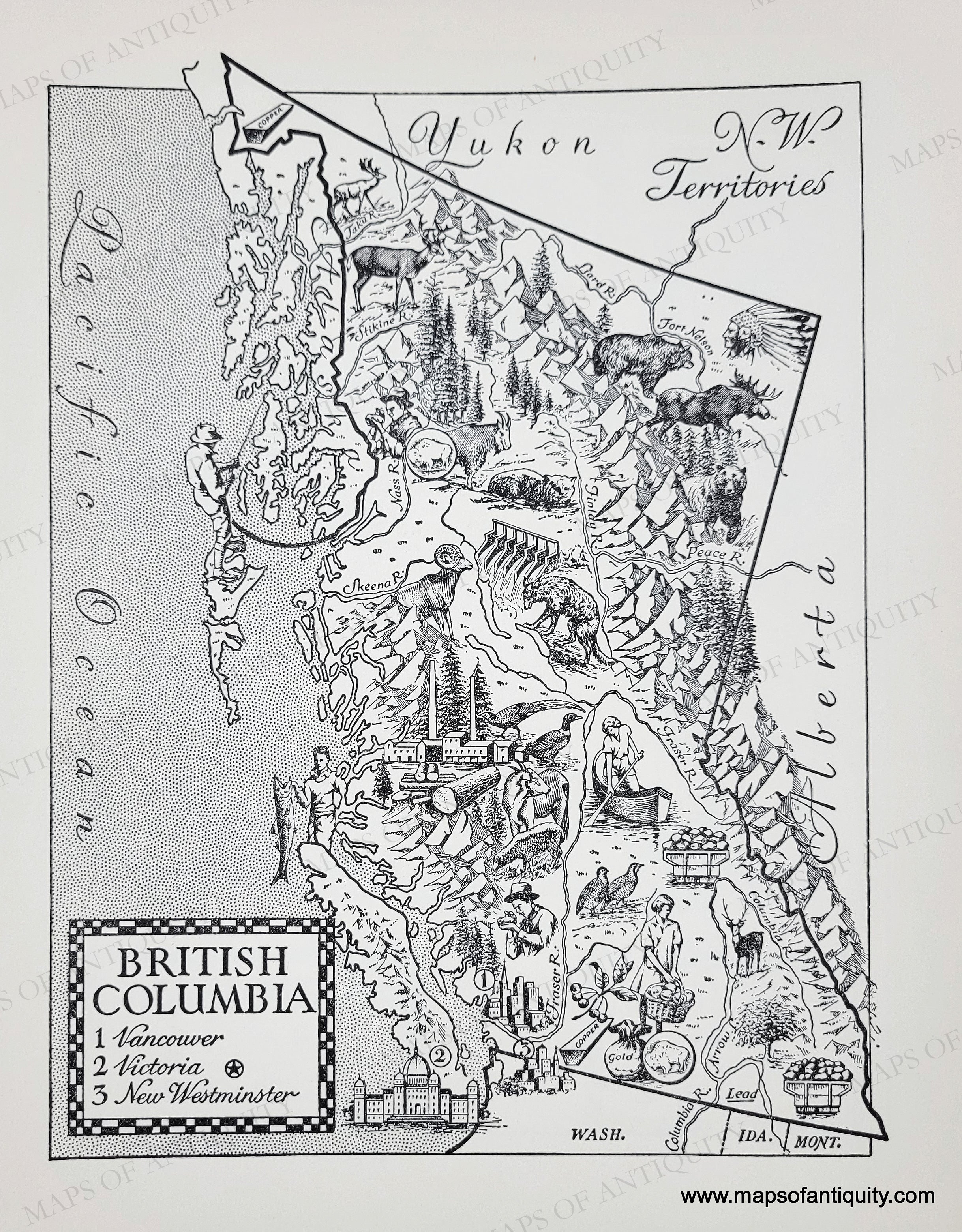 1954 - British Columbia - Genuine Vintage Map – Maps of Antiquity