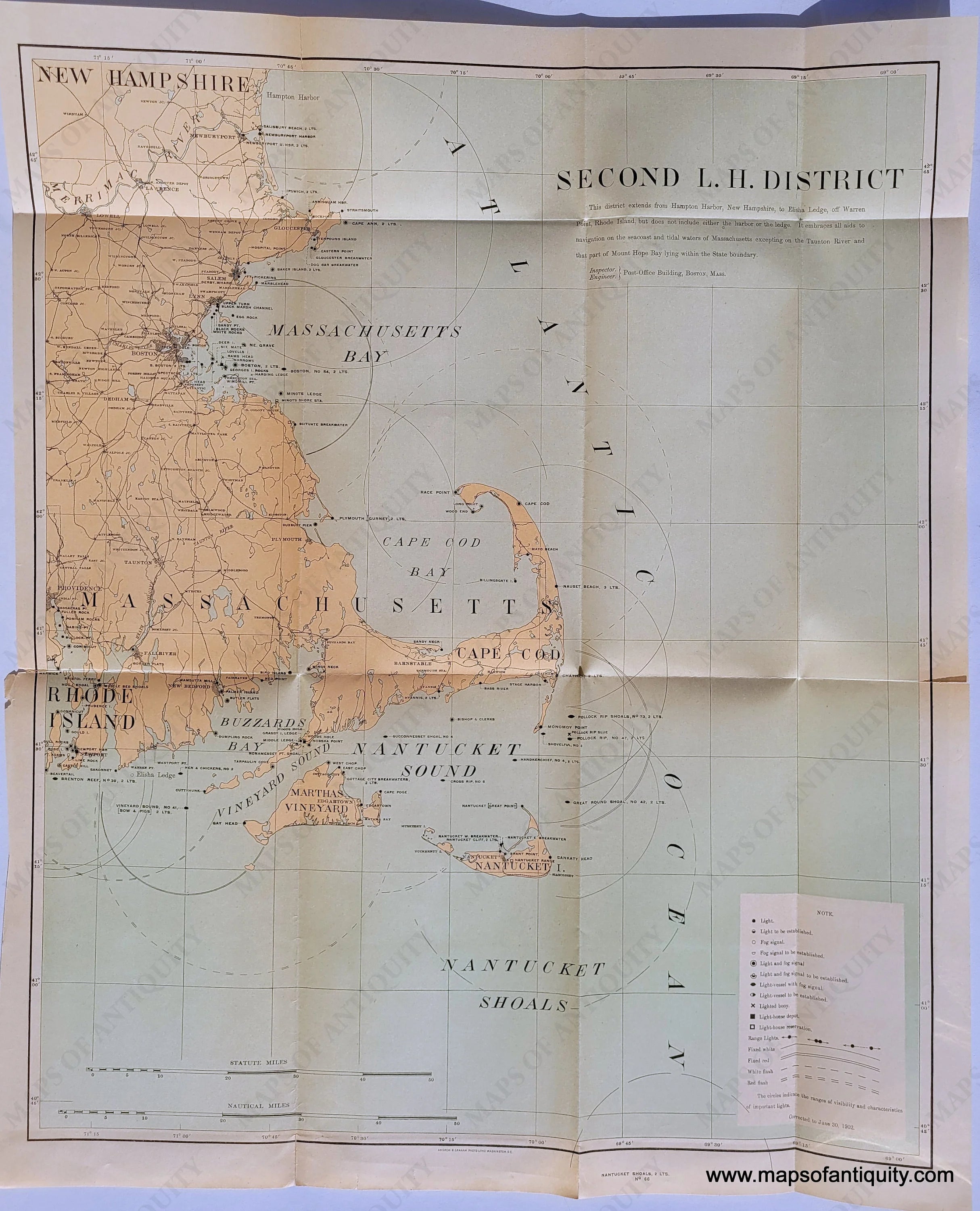 1902 - New England Lighthouses - Antique Chart – Maps of Antiquity