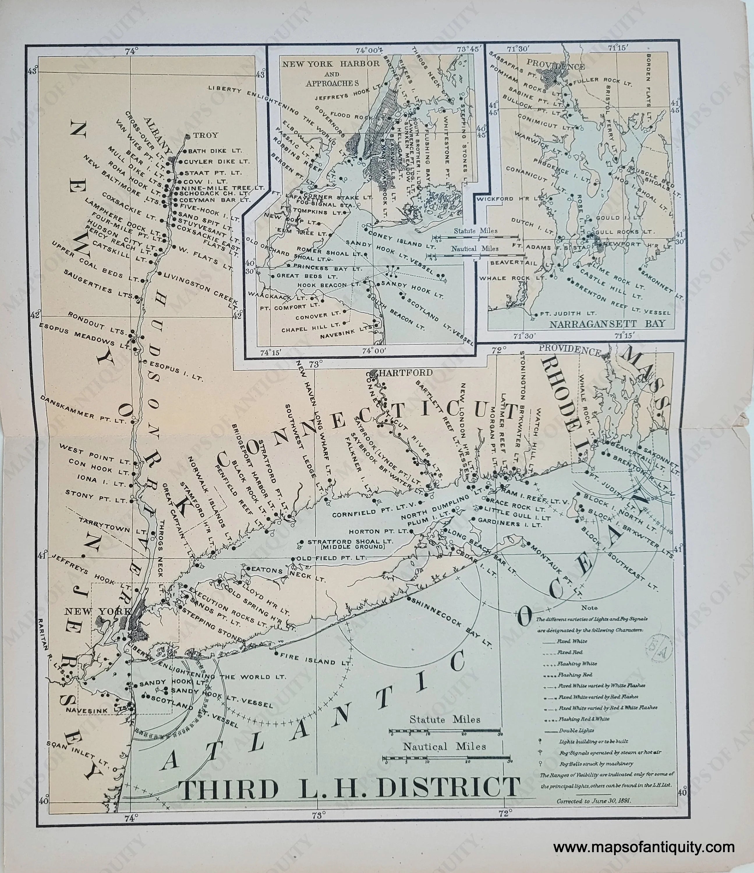 1891 - Lighthouses of New York, Connecticut and Rhode Island - Antique ...