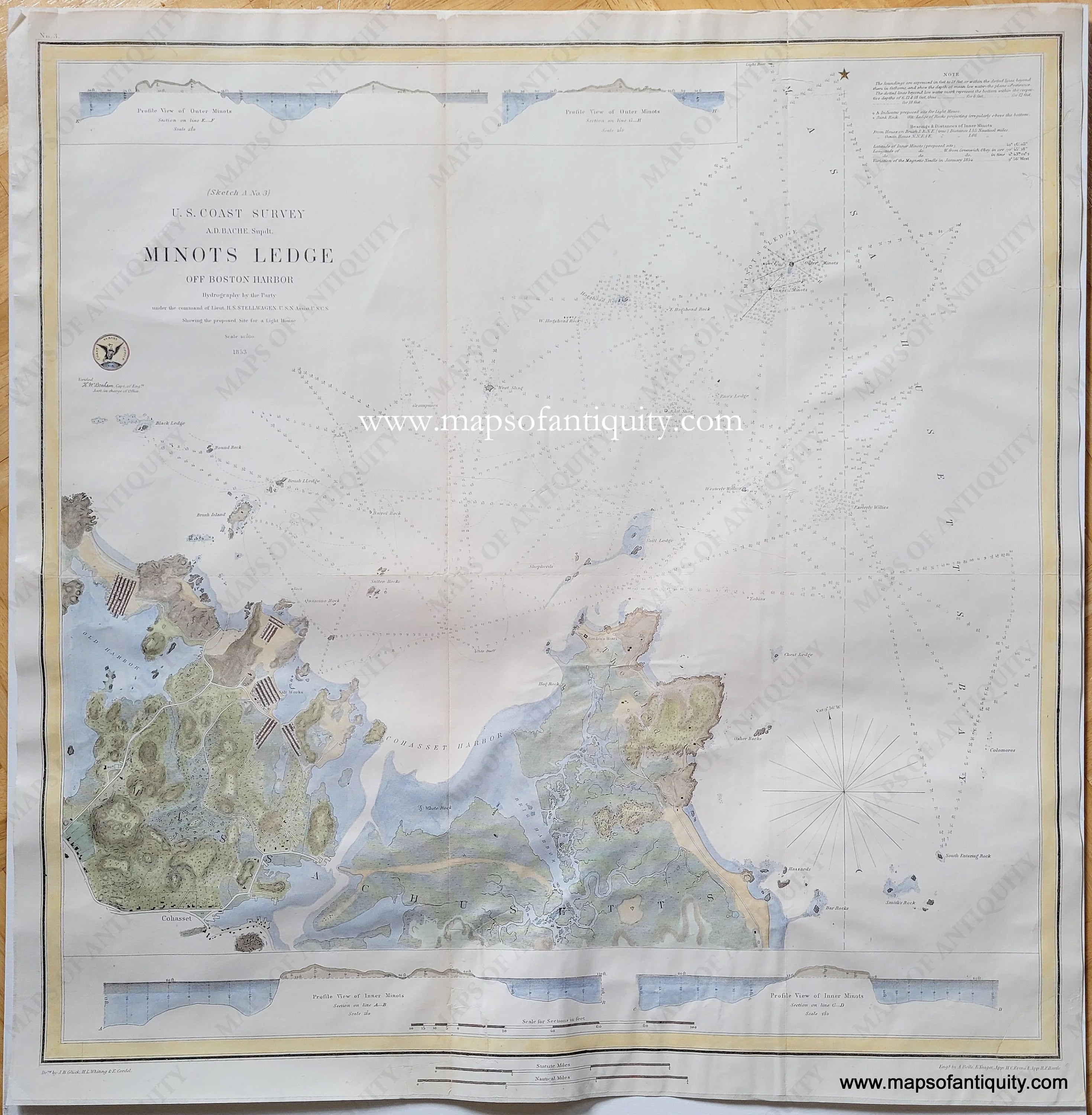 1853 - Minots Ledge, off Boston Harbor - Antique Chart – Maps of Antiquity