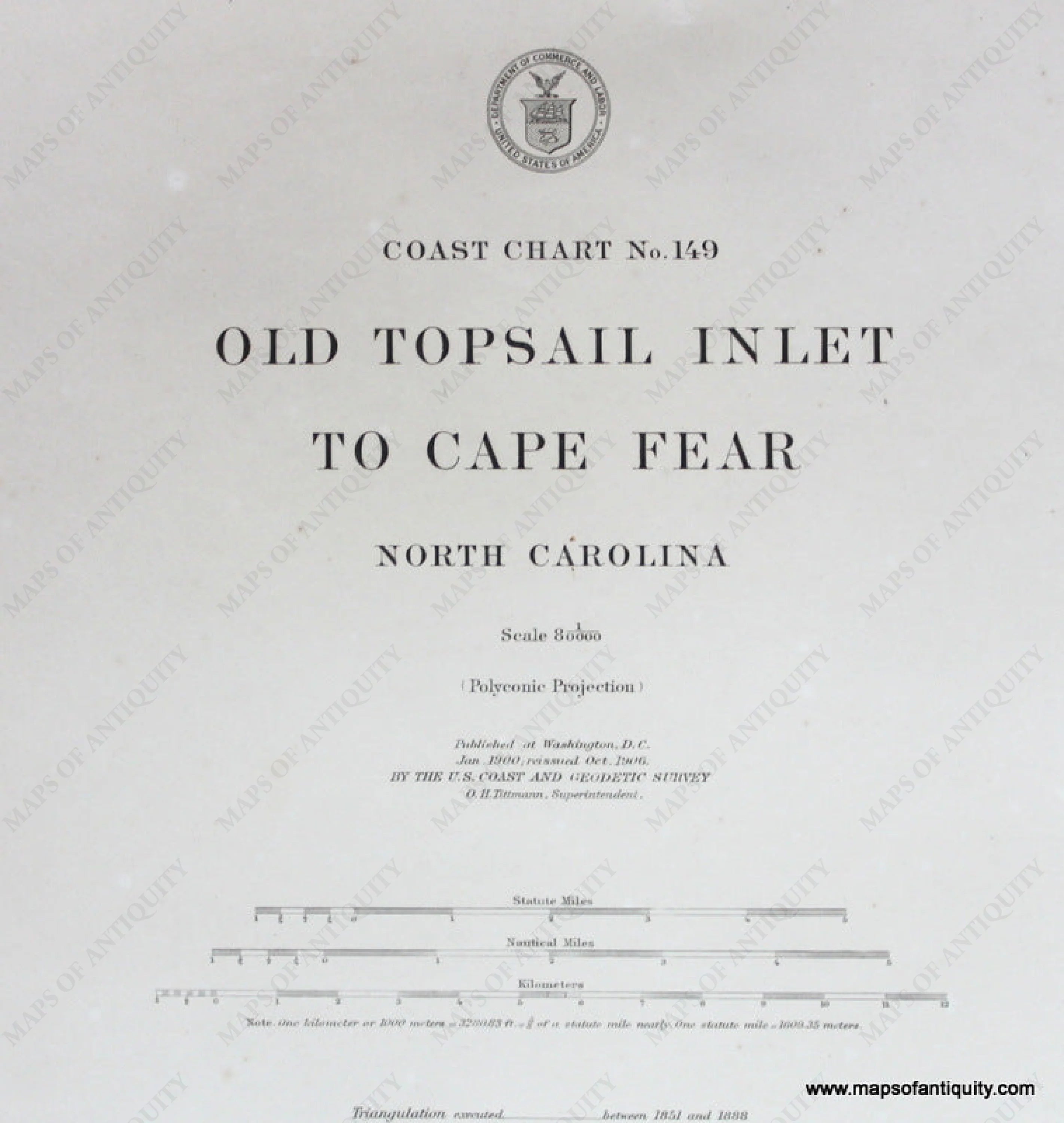 1909 Genuine Antique Nautical Chart Old Topsail Inlet to Cape Fear ...
