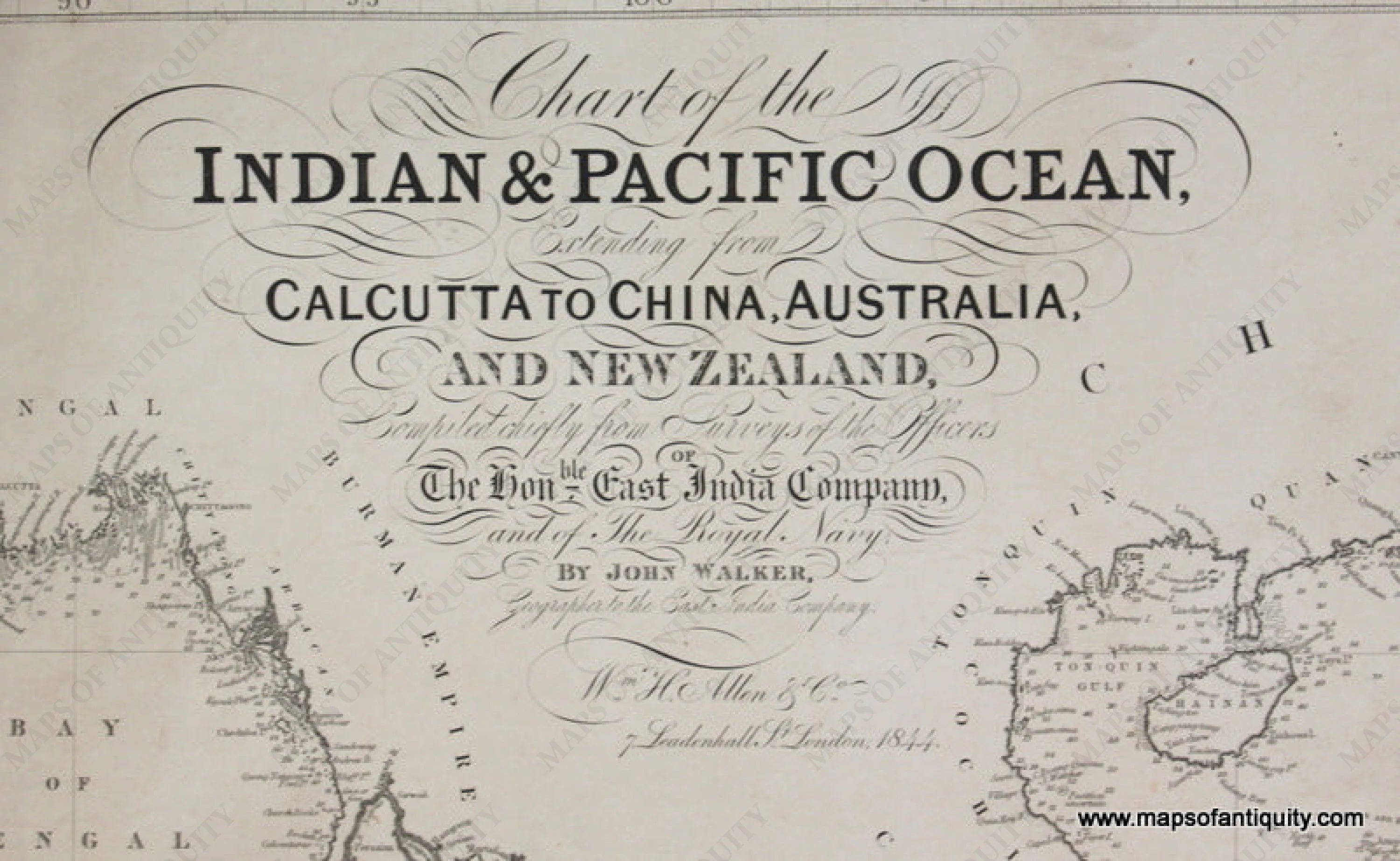 1844 Genuine Antique Nautical Chart Indian & Pacific Ocean, Calcutta to ...