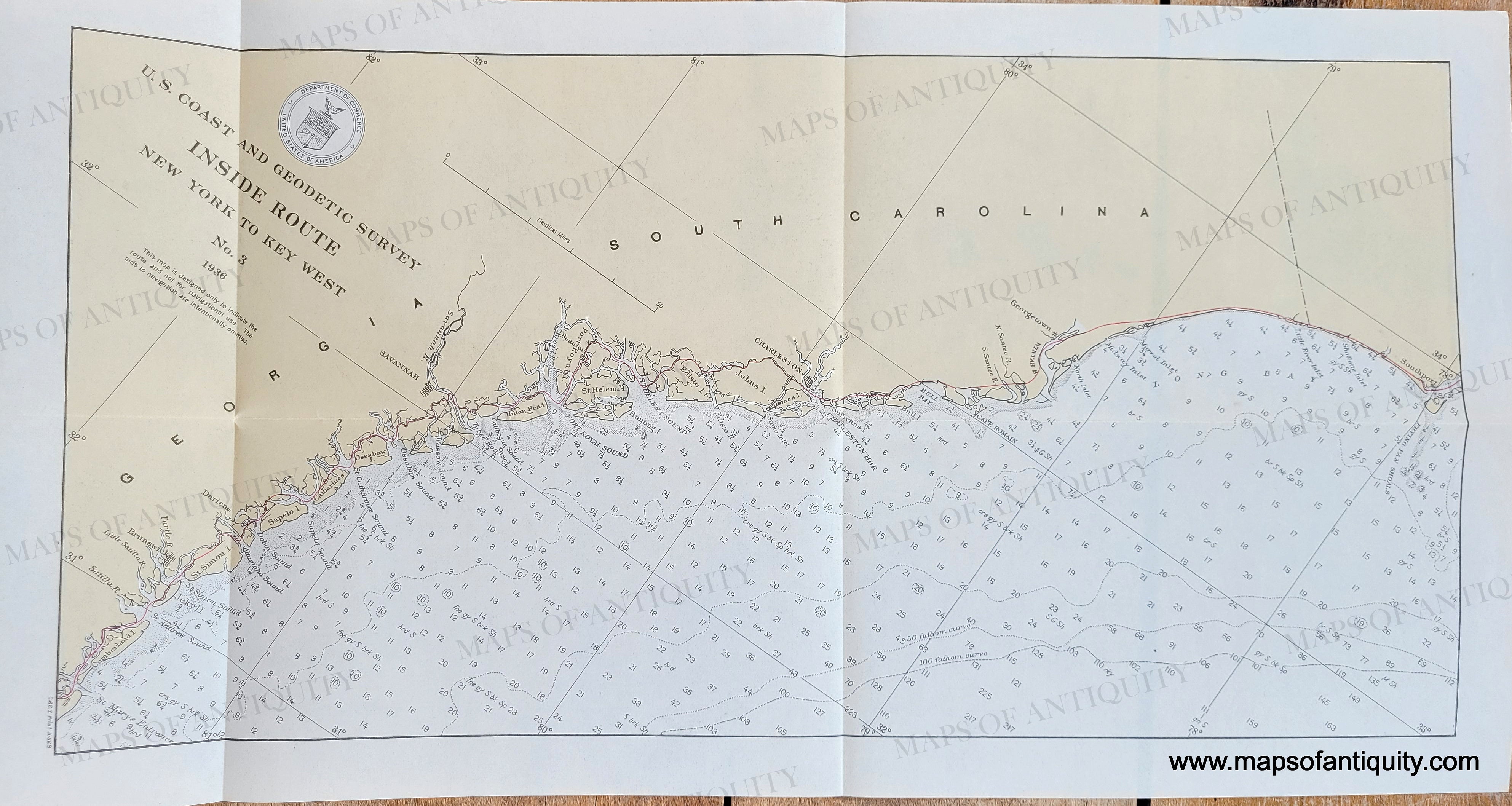 1936 Genuine Antique Chart Inside Route Frying Pan Shoals to St Marys ...