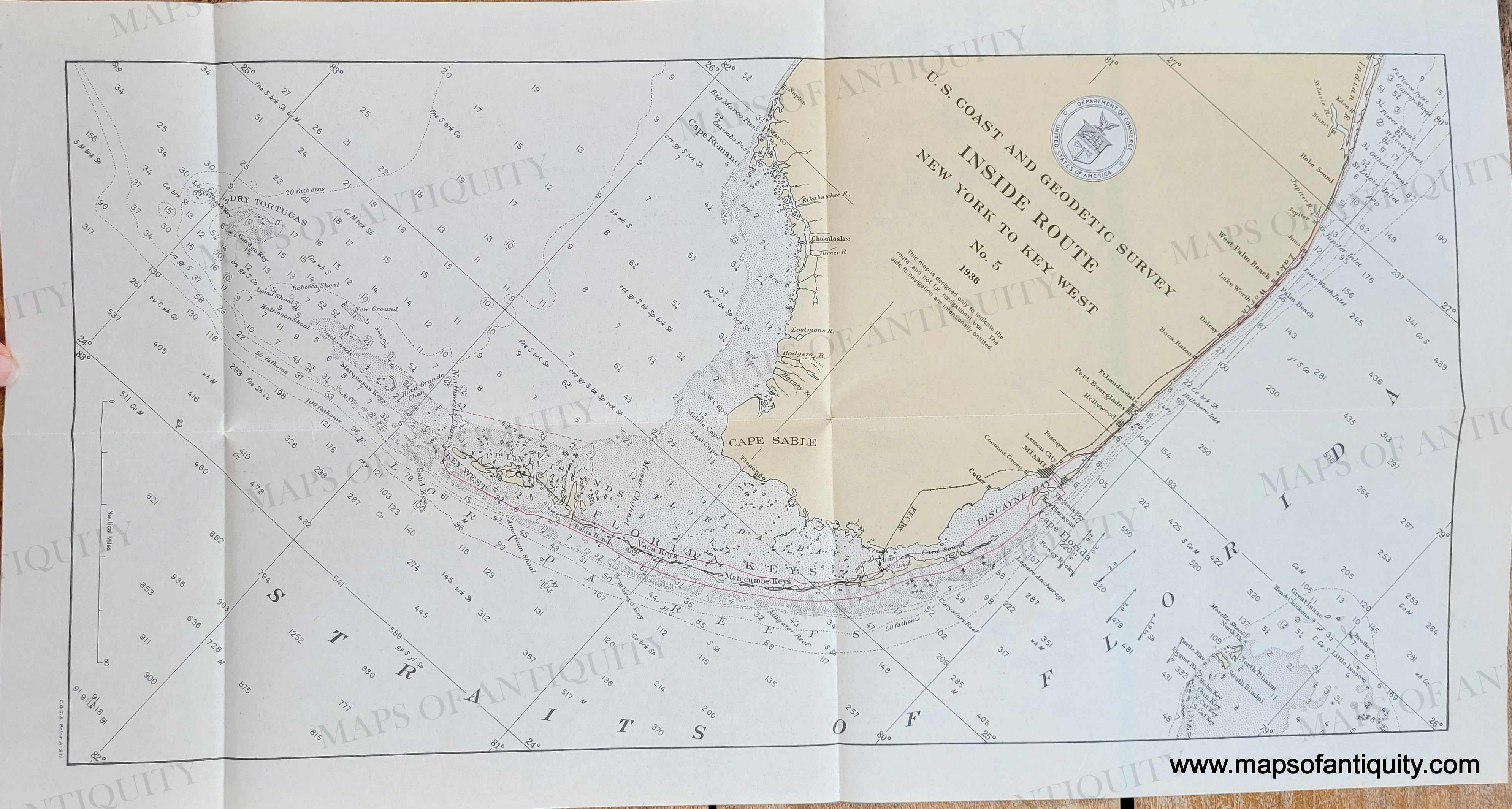 1936 Genuine Antique Chart Inside Route Eden FL to the Florida Keys ...