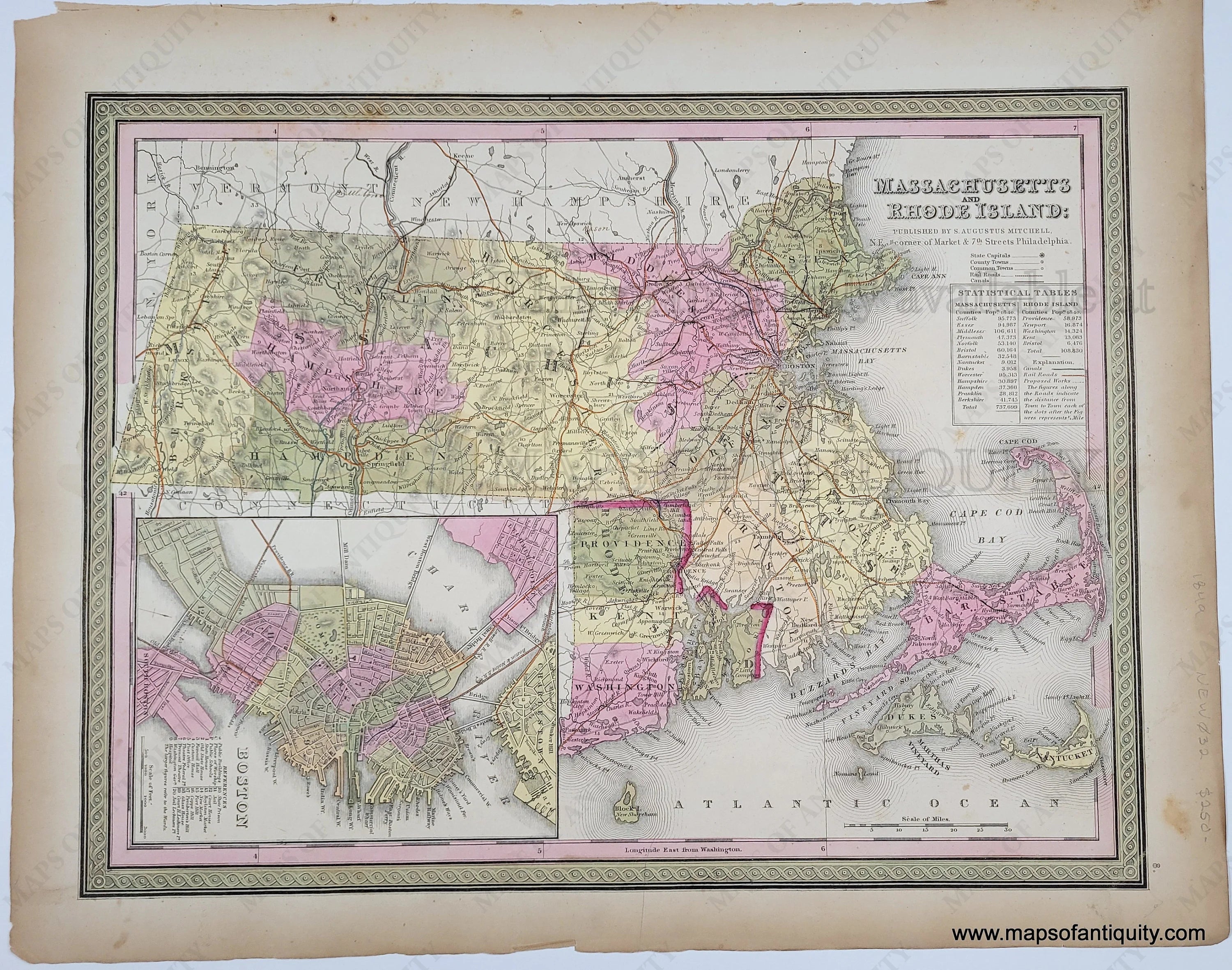 1849 - Map of Massachusetts and Rhode Island. - Antique Map – Maps of ...