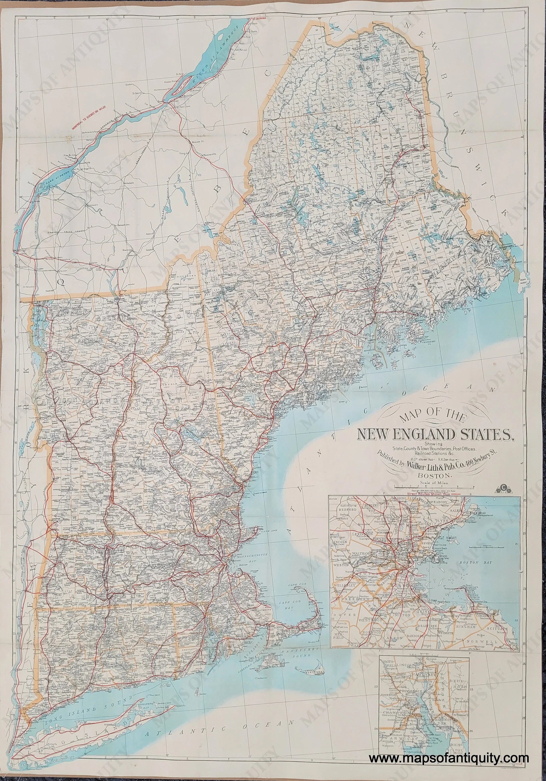 1909 Antique Map Map of the New England States showing State, County ...