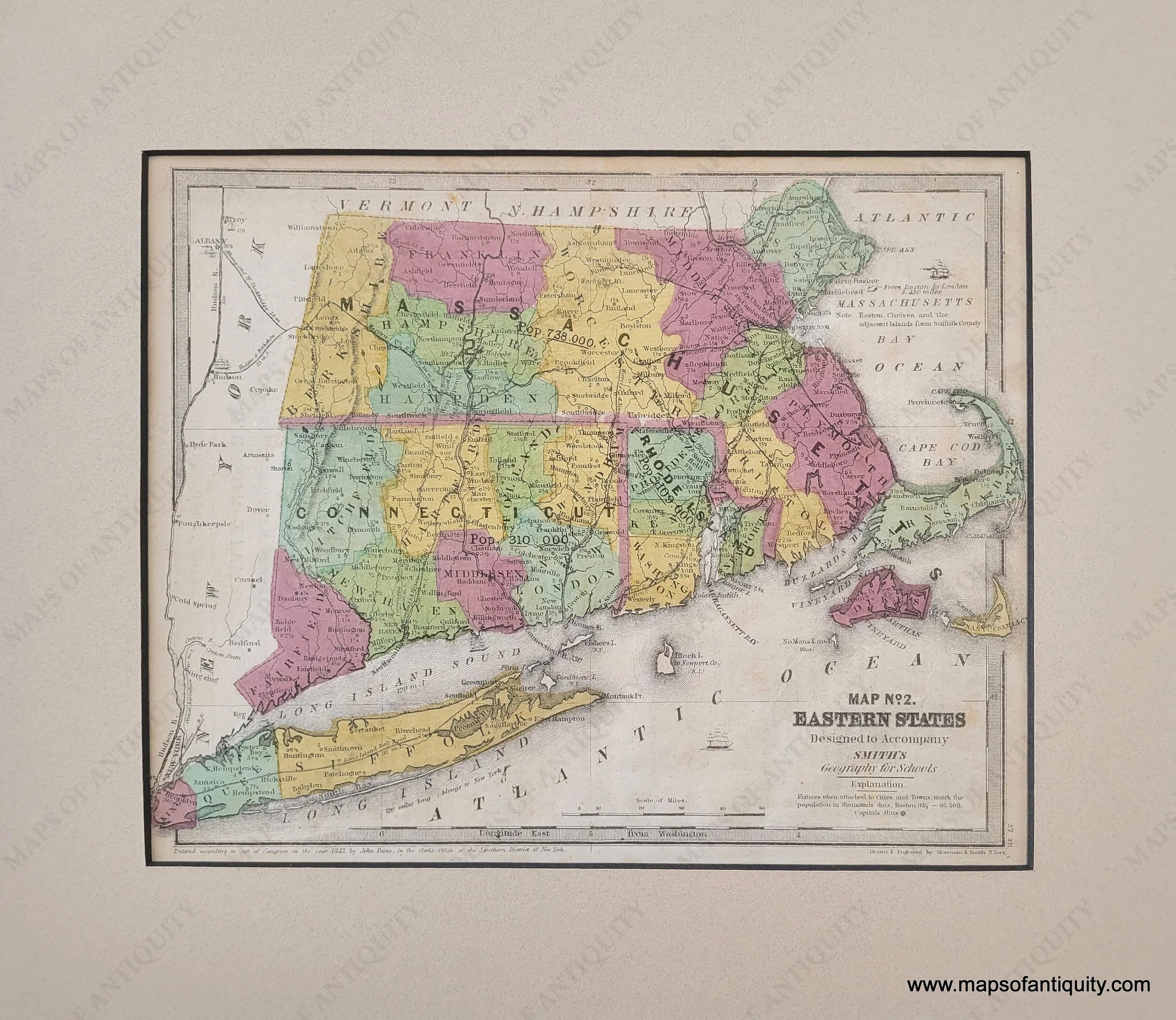 1843 Genuine Antique Map Map No. 2. - Eastern States - Designed to ...