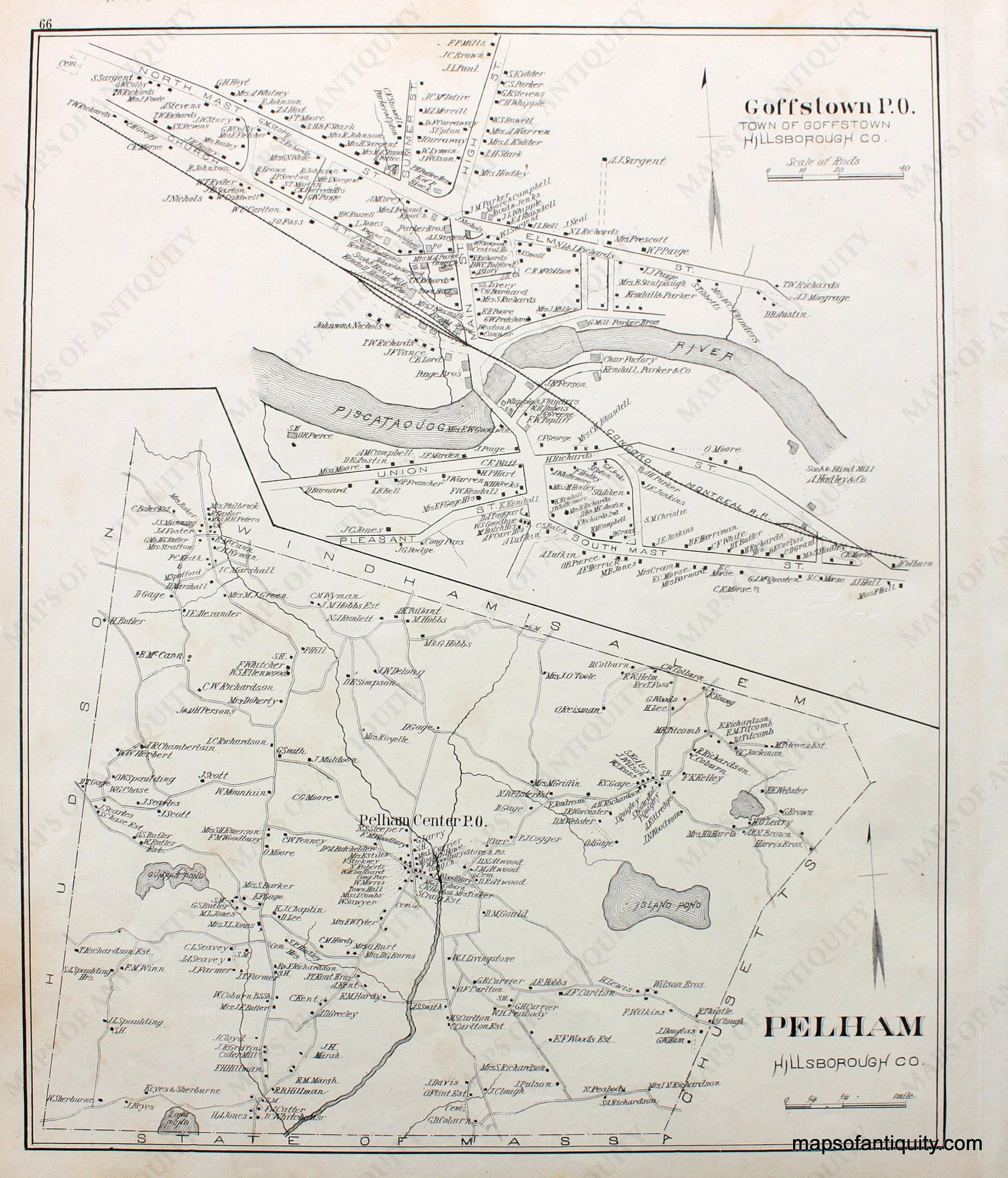 1892 - Goffstown P.O. and Pelham (NH) - Antique Map – Maps of Antiquity