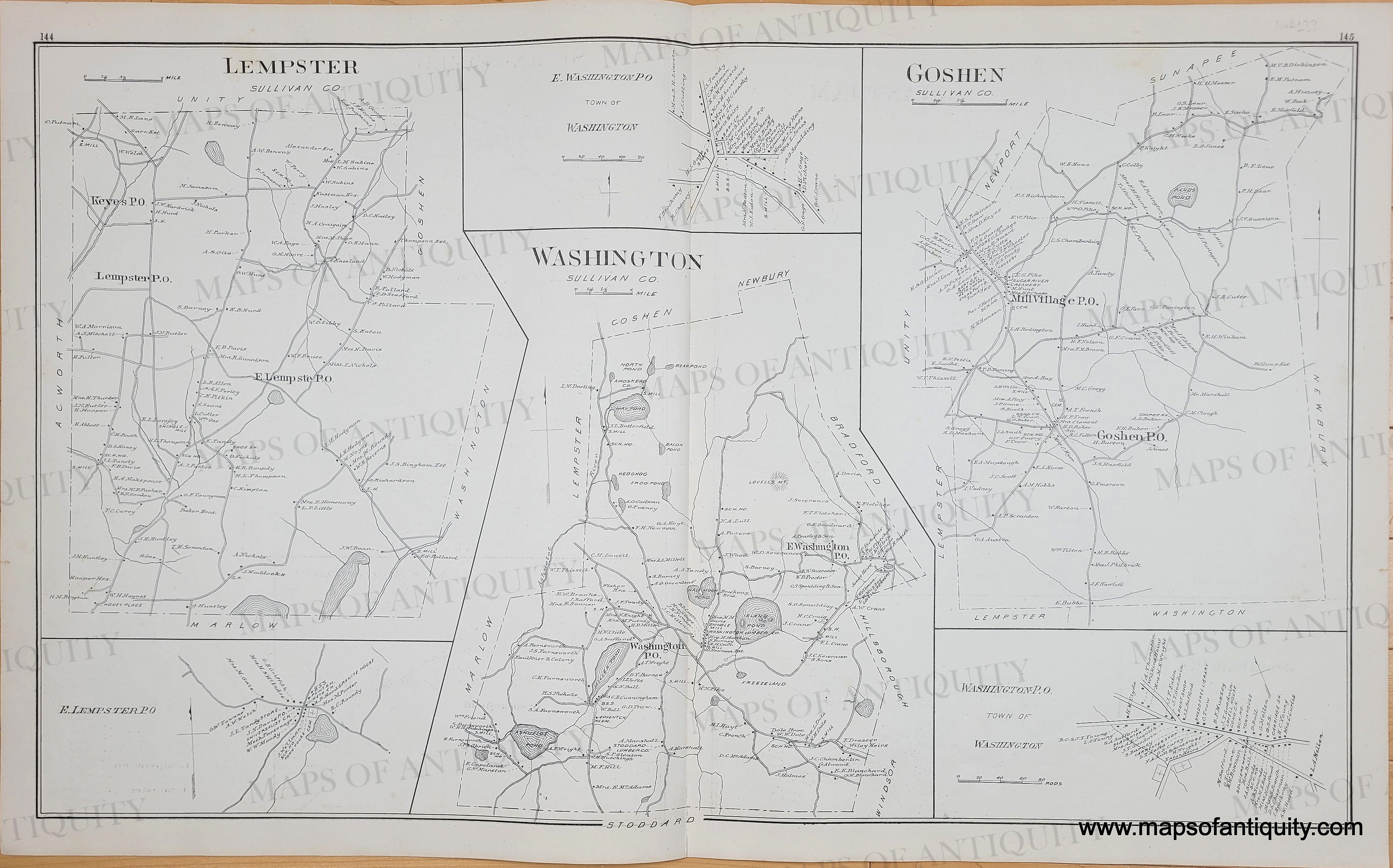 1892 - Washington, Lempster, Goshen (NH) - Antique Map – Maps of Antiquity