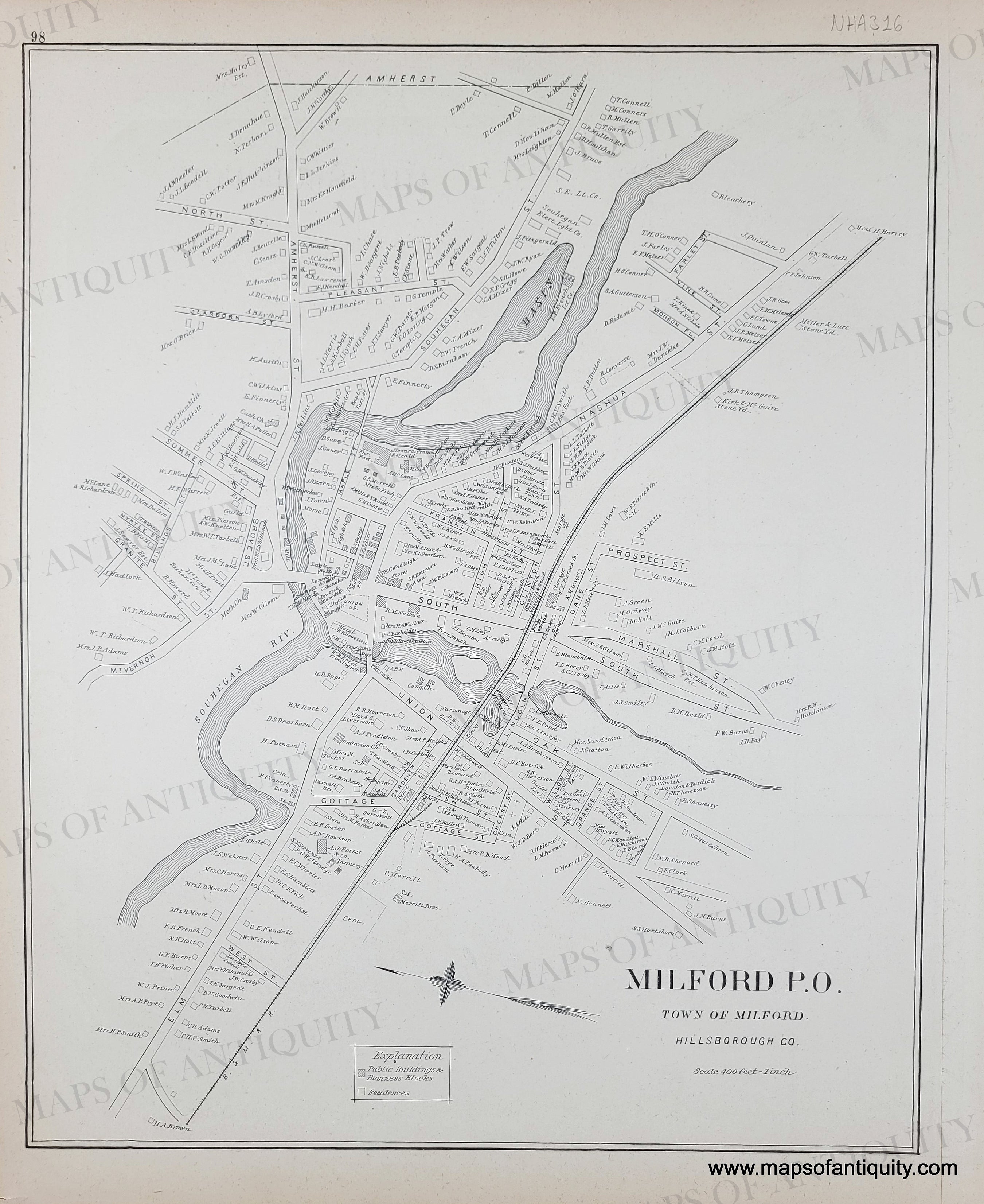 1892 - Milford P.O. (NH) - Antique Map – Maps of Antiquity