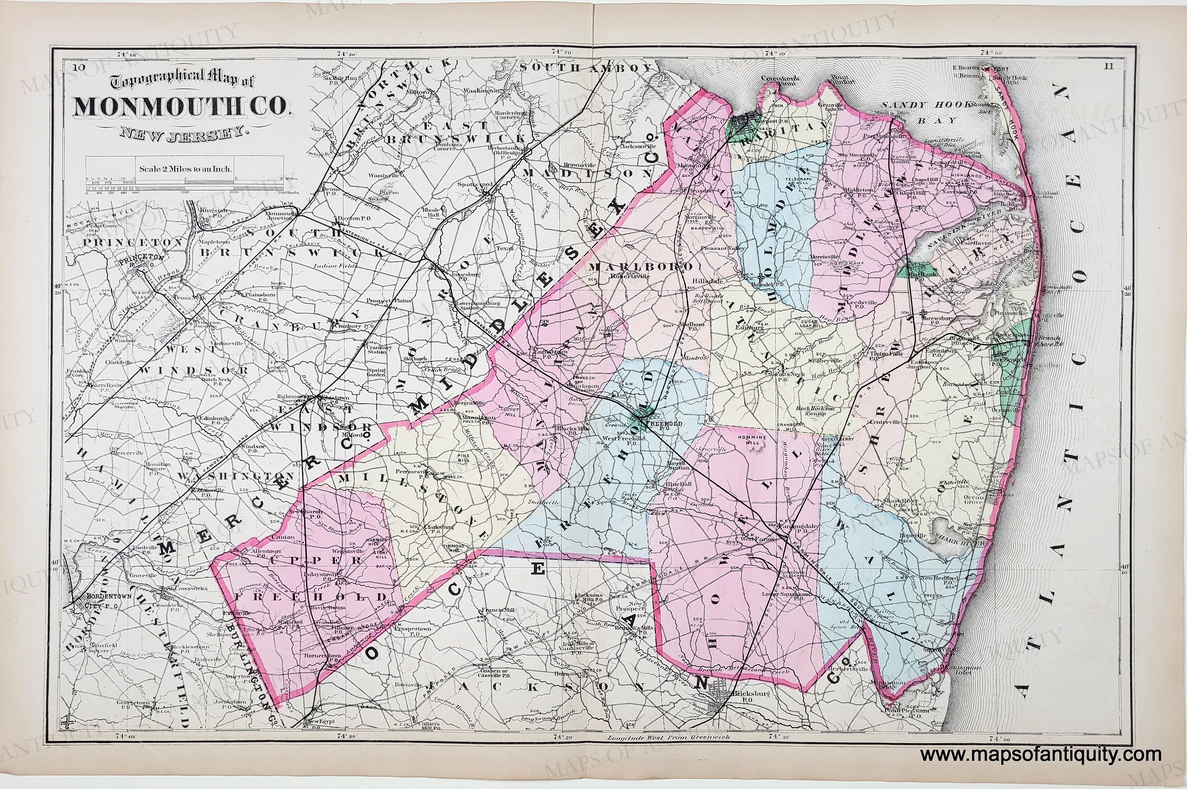 1873 - Topographical Map of Monmouth Co. New Jersey - Genuine Antique ...