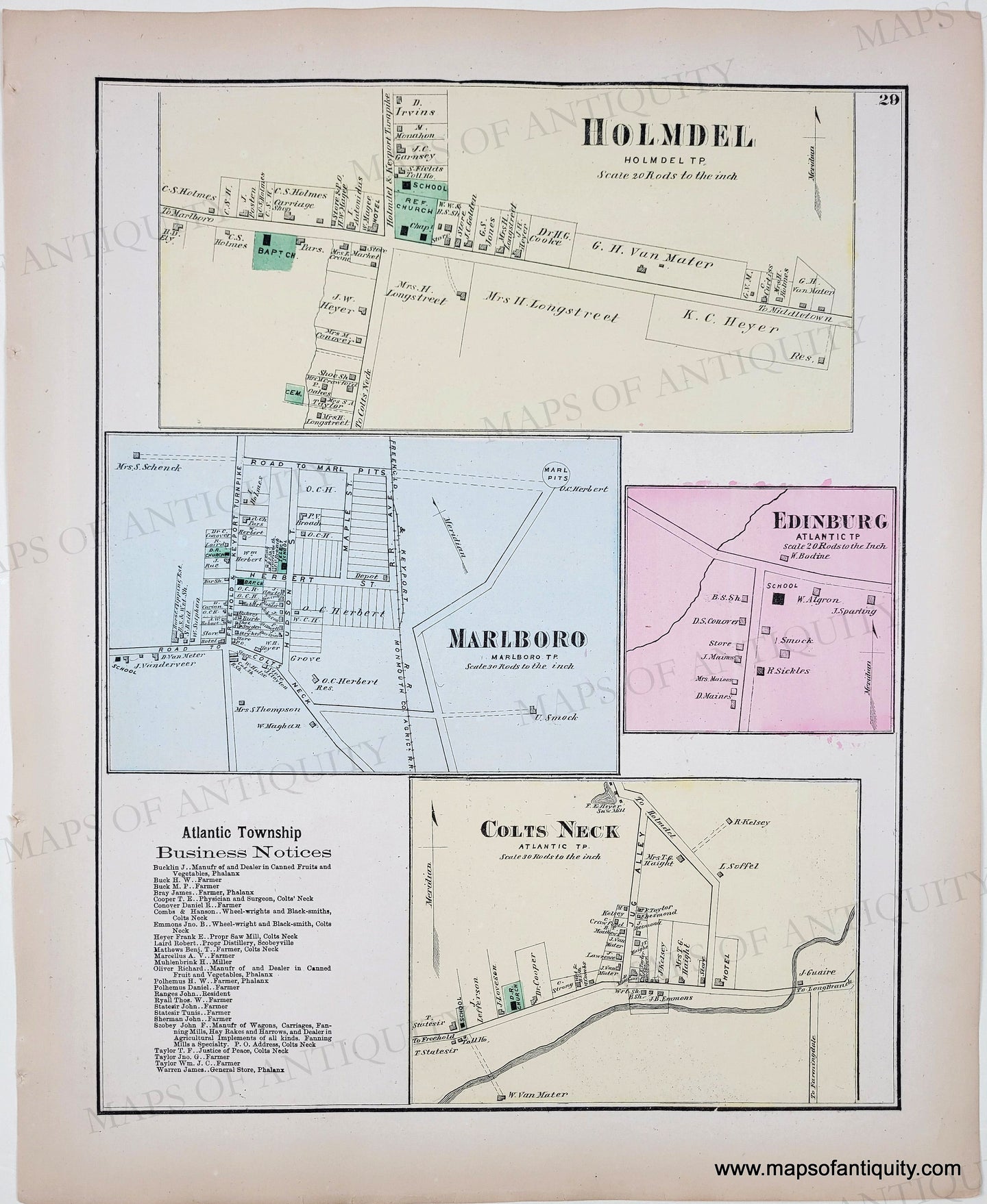 1873 - Holmdel, Marlboro, Edinburg, Colts Neck Villages NJ - Genuine A ...