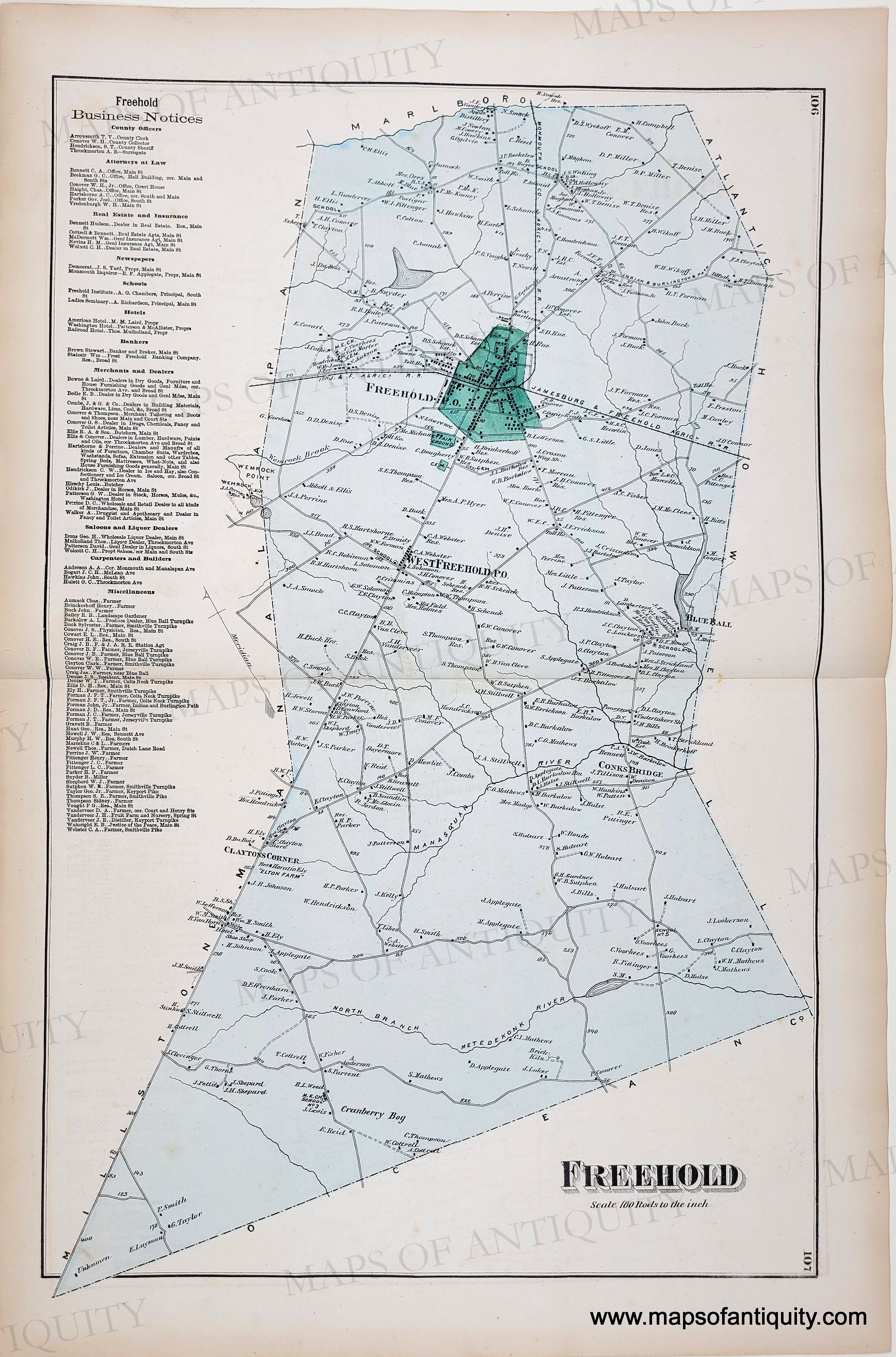 1873 - Freehold NJ - Genuine Antique Map – Maps of Antiquity