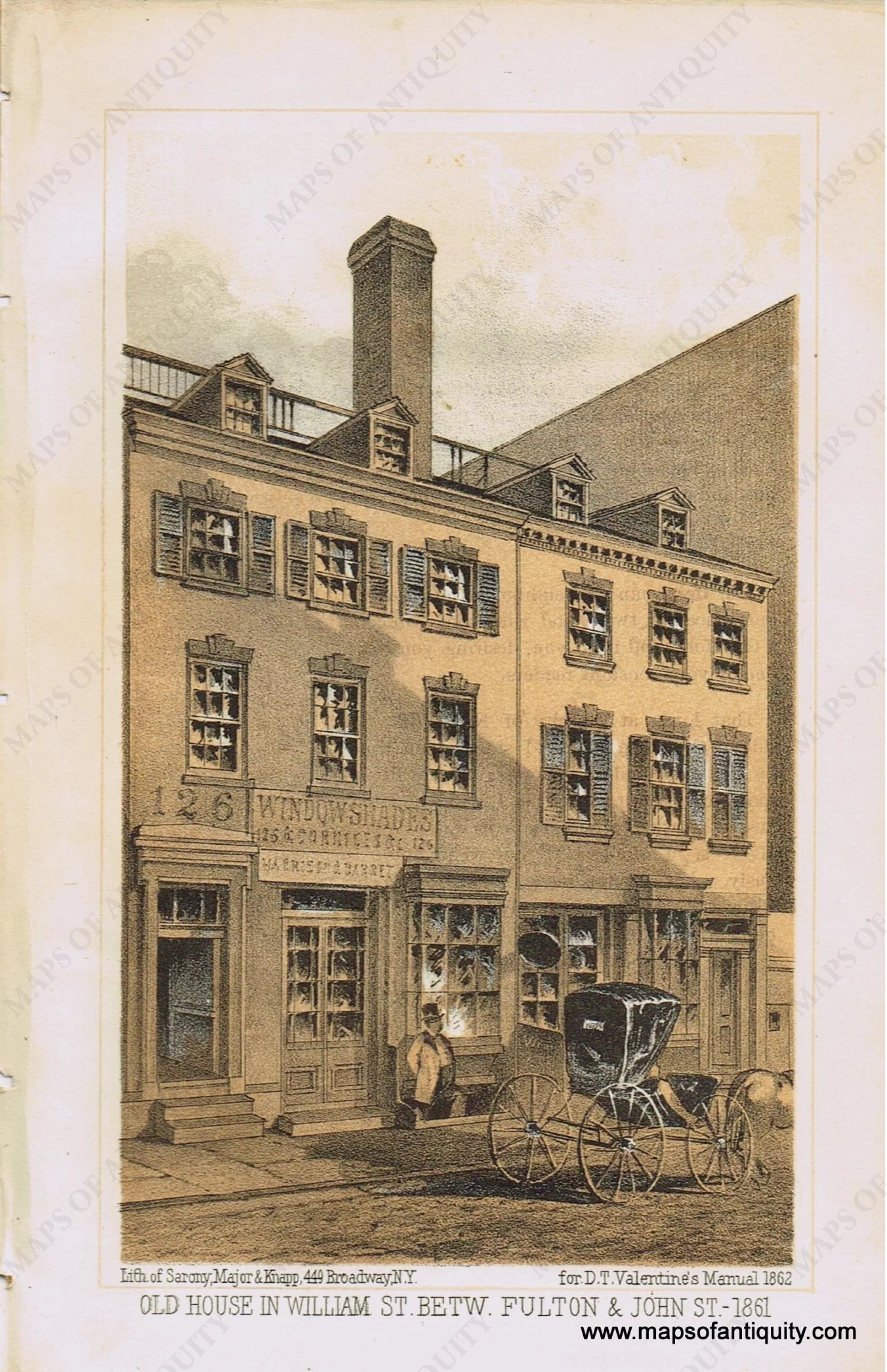 1862 Genuine Antique Print Old House in William St. Between Fulton ...