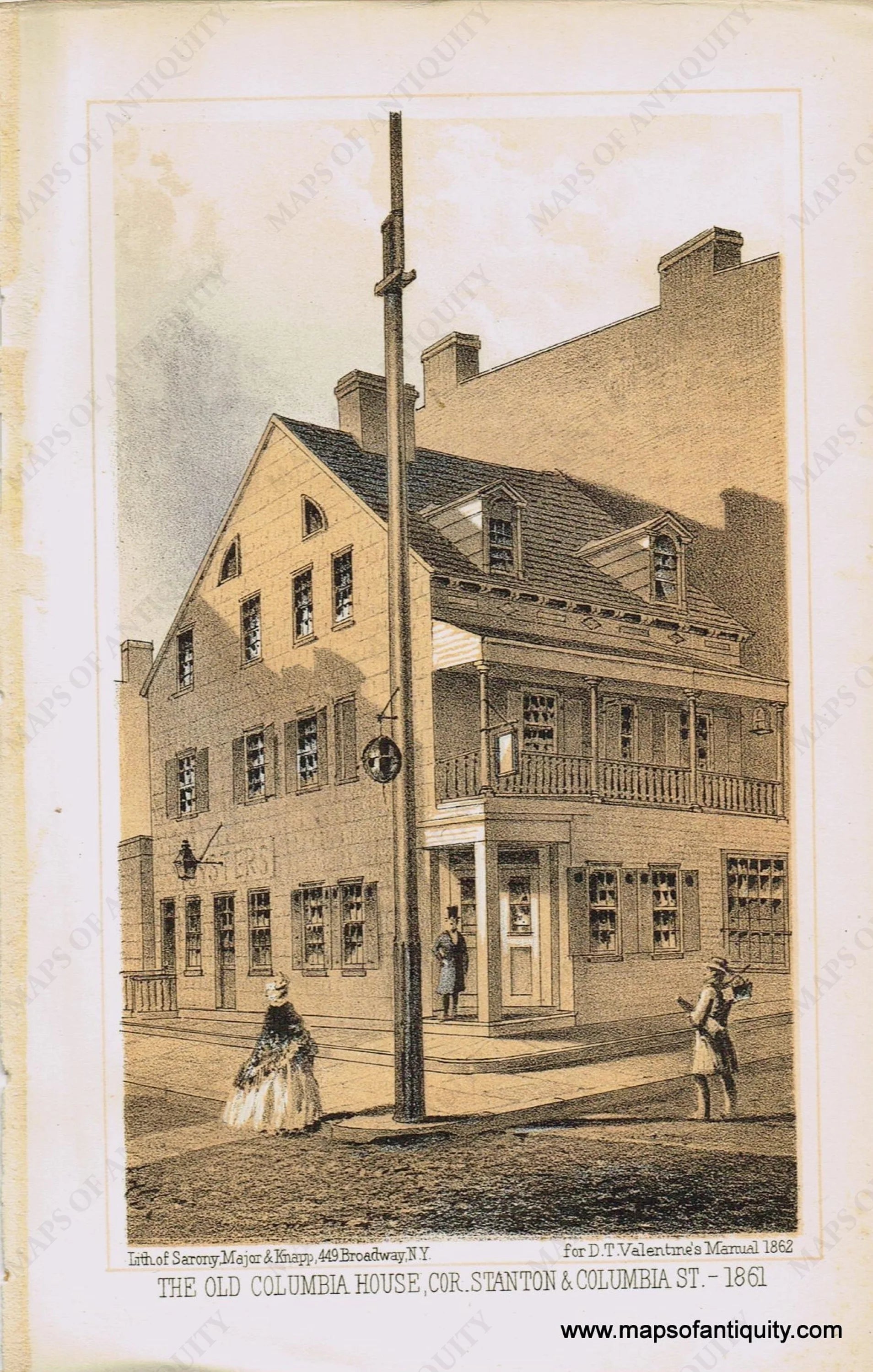 1862 Genuine Antique Print The Old Columbia House, Cor. Stanton ...