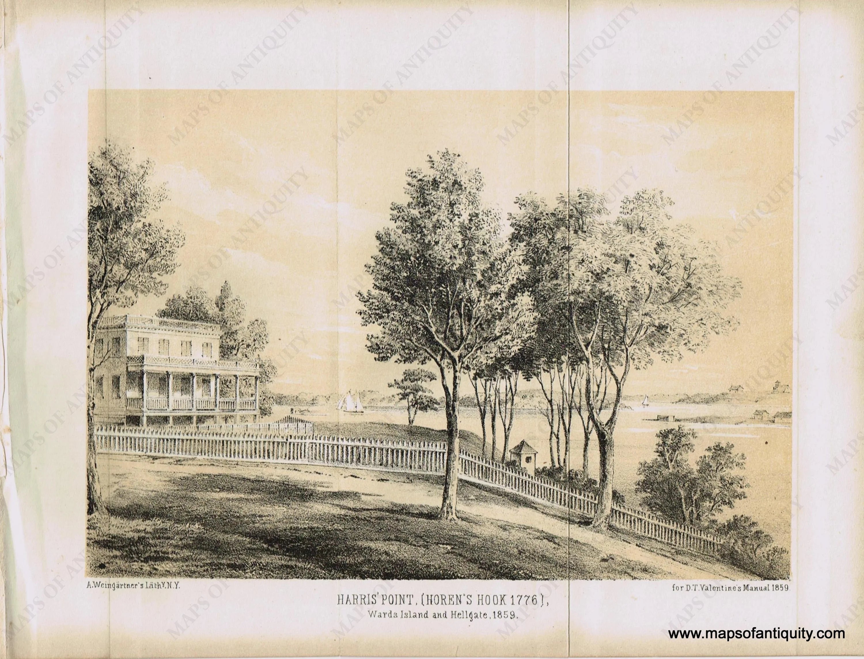 1859 Genuine Antique Print Harris' Point, (Horen's Hook 1776), Wards ...