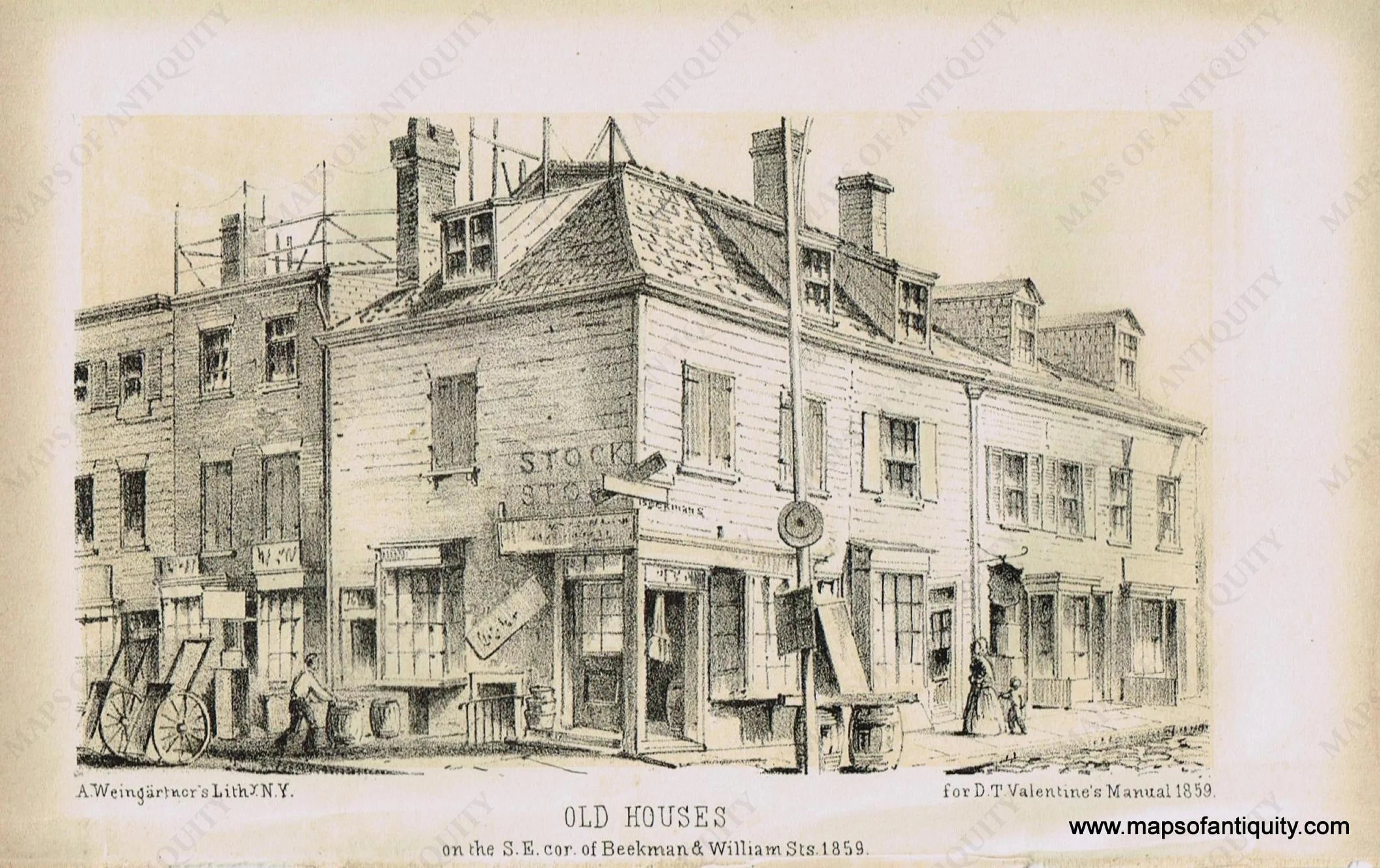 1859 Genuine Antique Print Old Houses on the Corner of Beekman ...