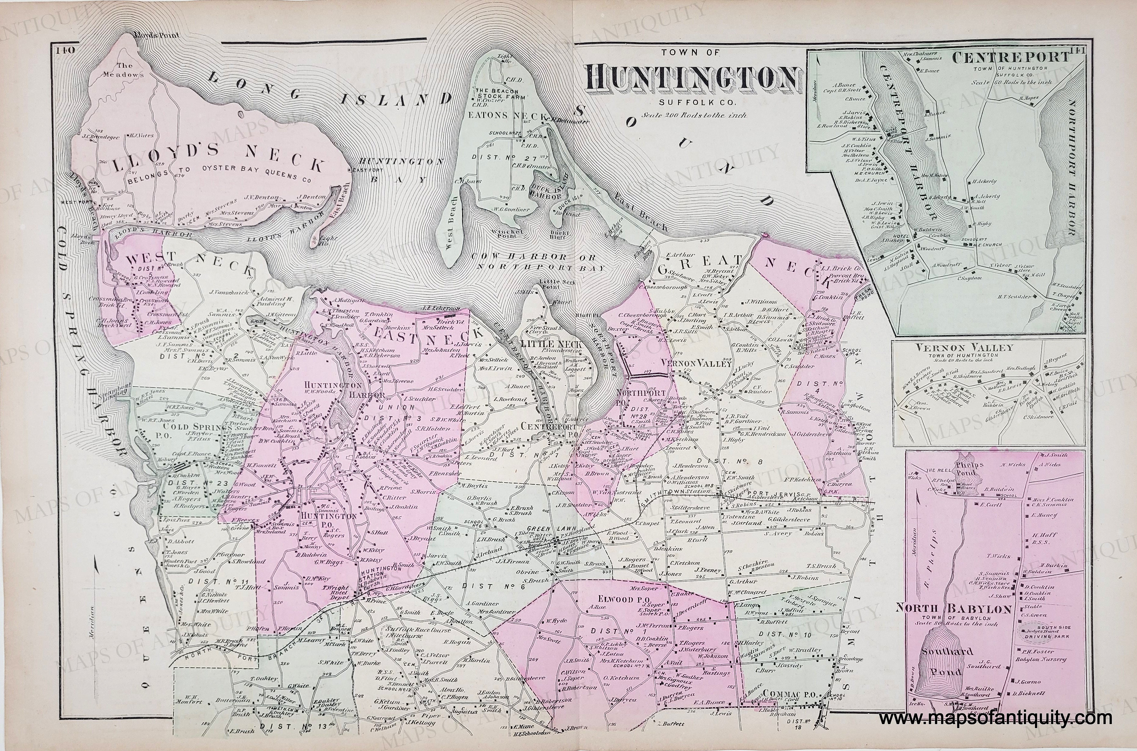 1873 - Double-sided map: Town of Huntington, Centreport, Vernon Valley ...