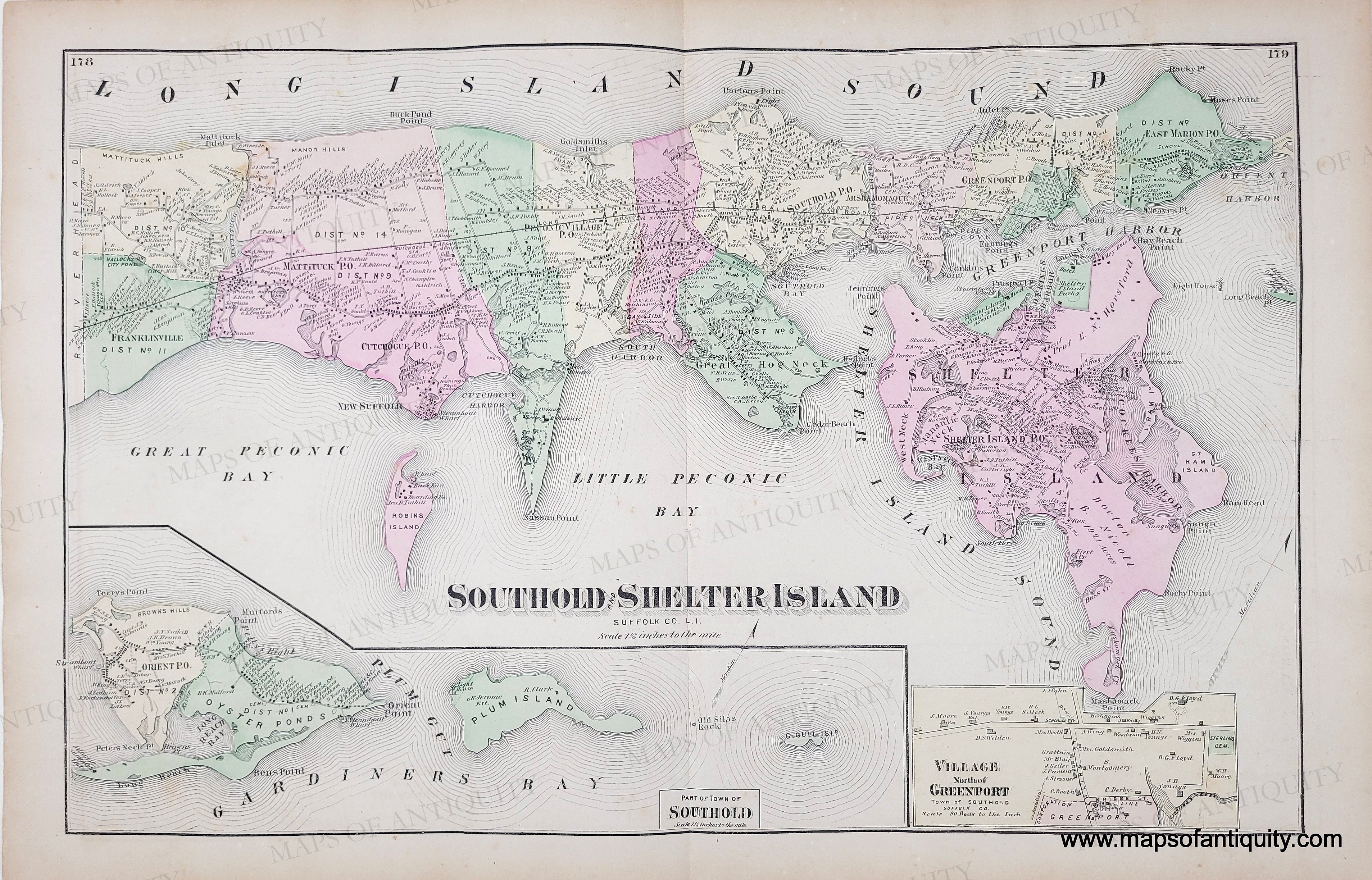 1873 - Double-sided map: Southold and Shelter Island verso Cutchogue ...