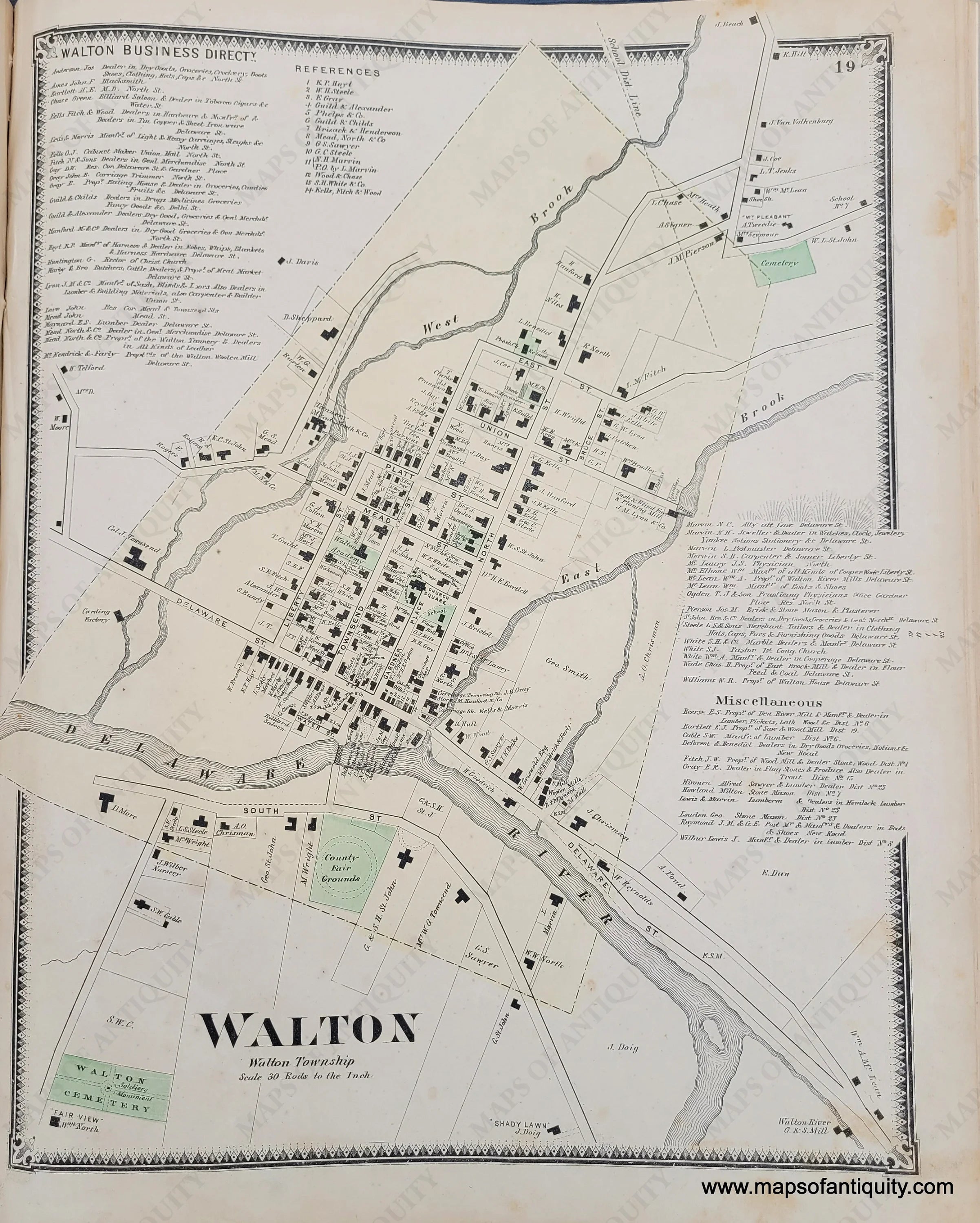 1869 Antique Map Walton (center), Delaware Co. NY – Maps of Antiquity