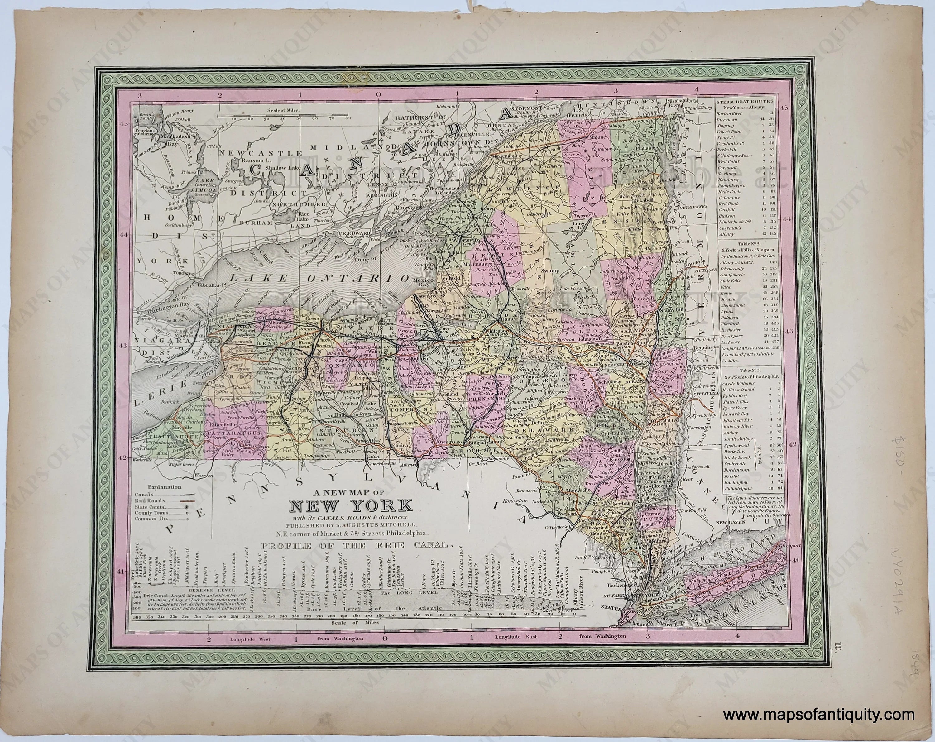 1849 - A New Map of New York with its Canals, Roads, & distances - Ant ...