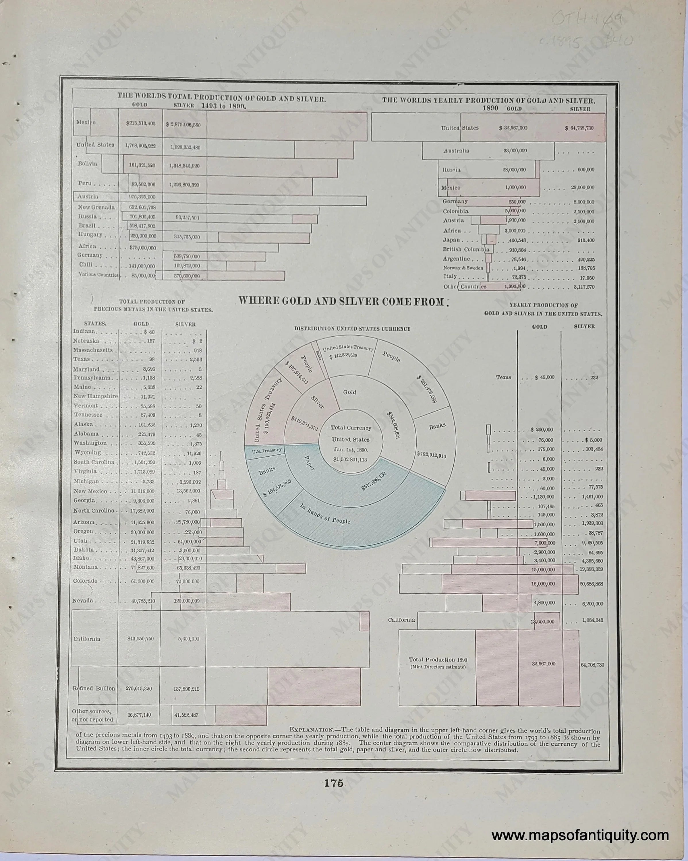 1895 Antique Map Double-sided page: Where Gold and Silver Come From ...