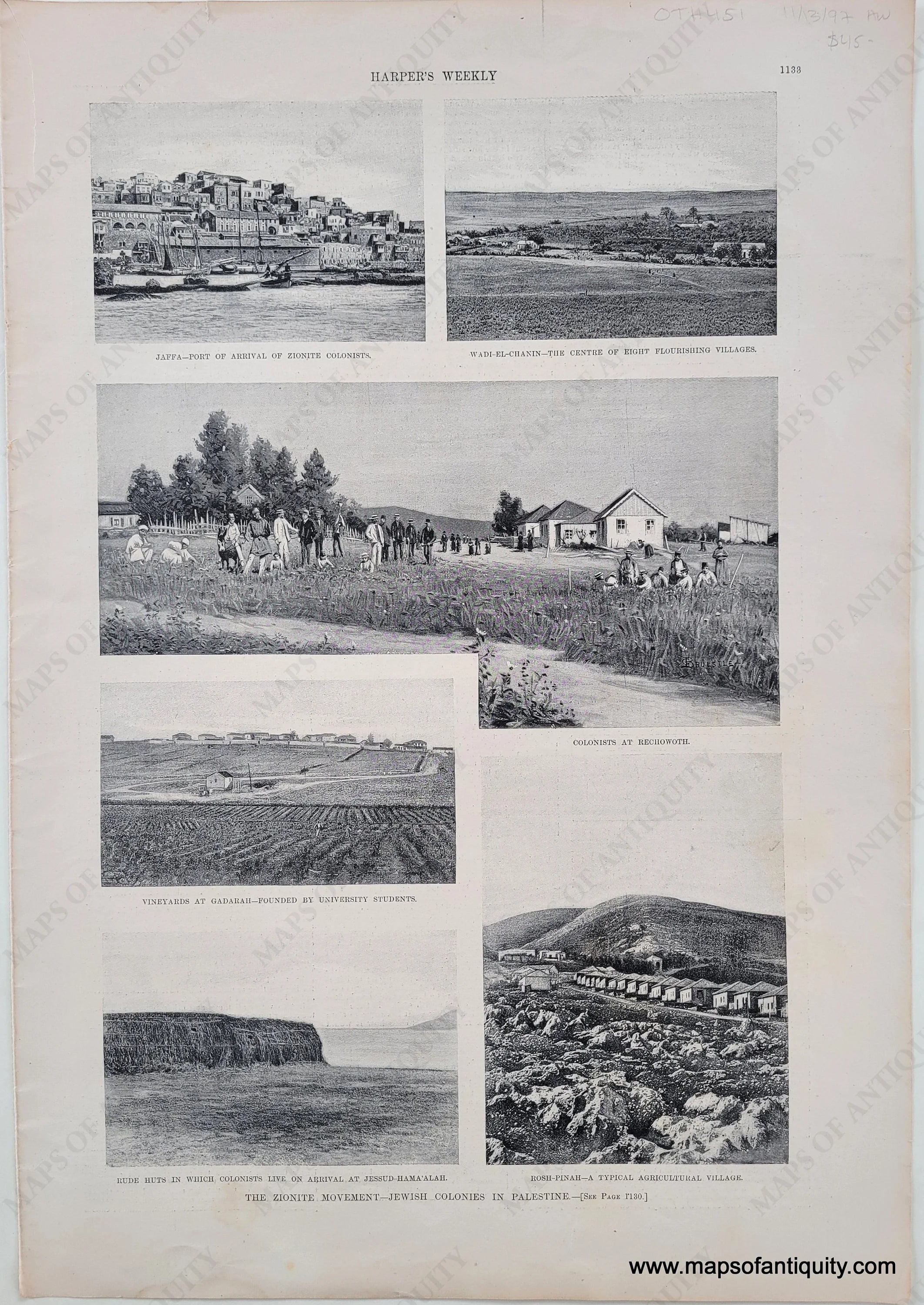 1897 Genuine Antique Print The Zionite Movement - Jewish Colonies in ...
