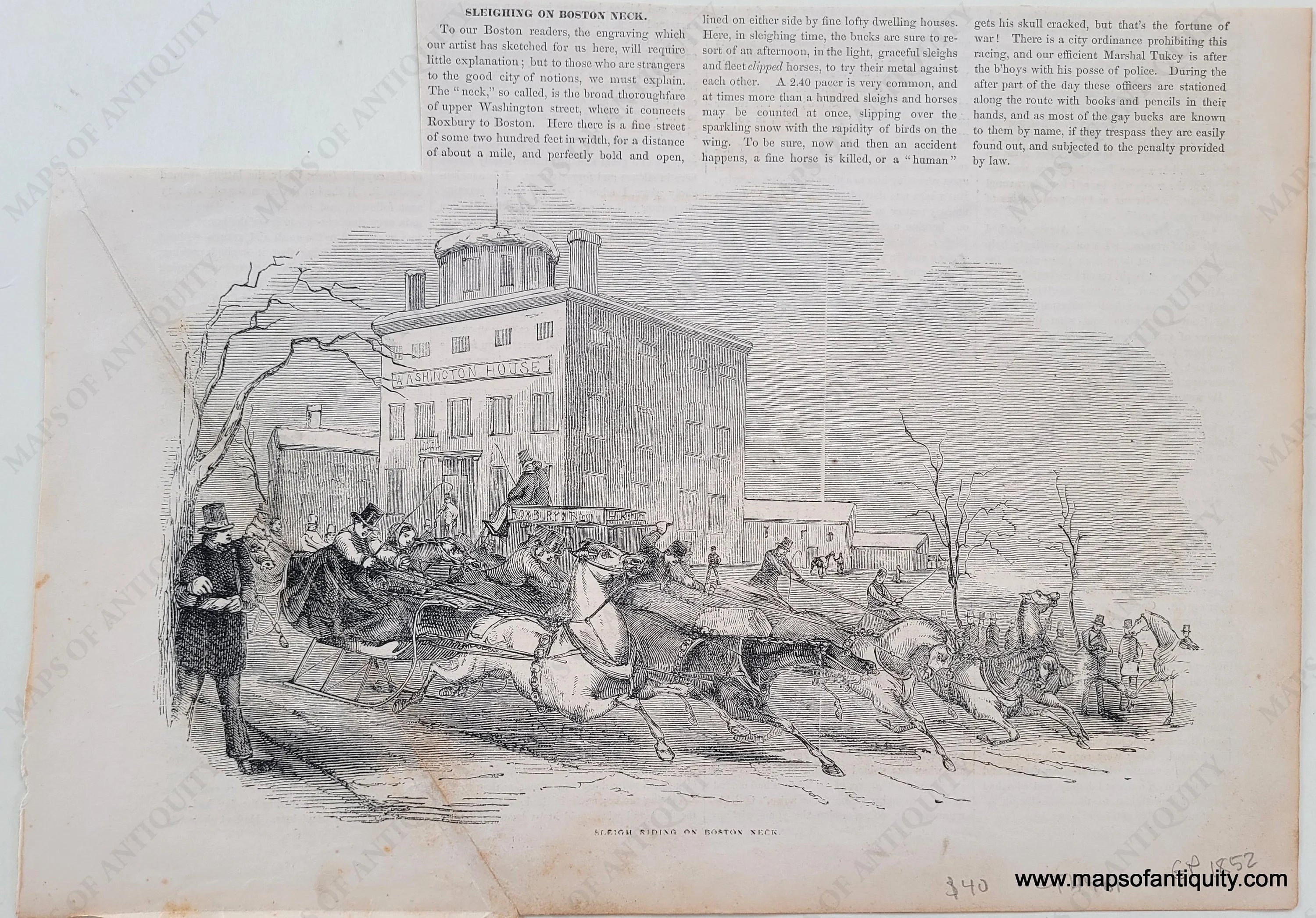 1852 Genuine Antique Print Sleigh Riding on Boston Neck – Maps of Antiquity