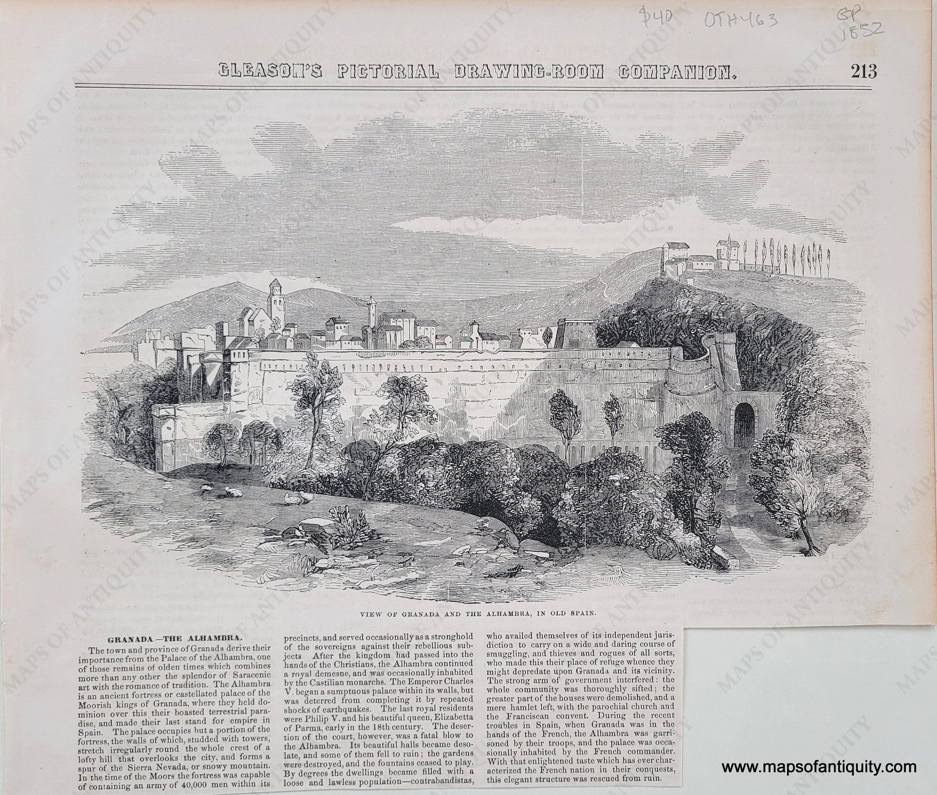 1852 Genuine Antique Print View of Granada and the Alhambra, in Old ...