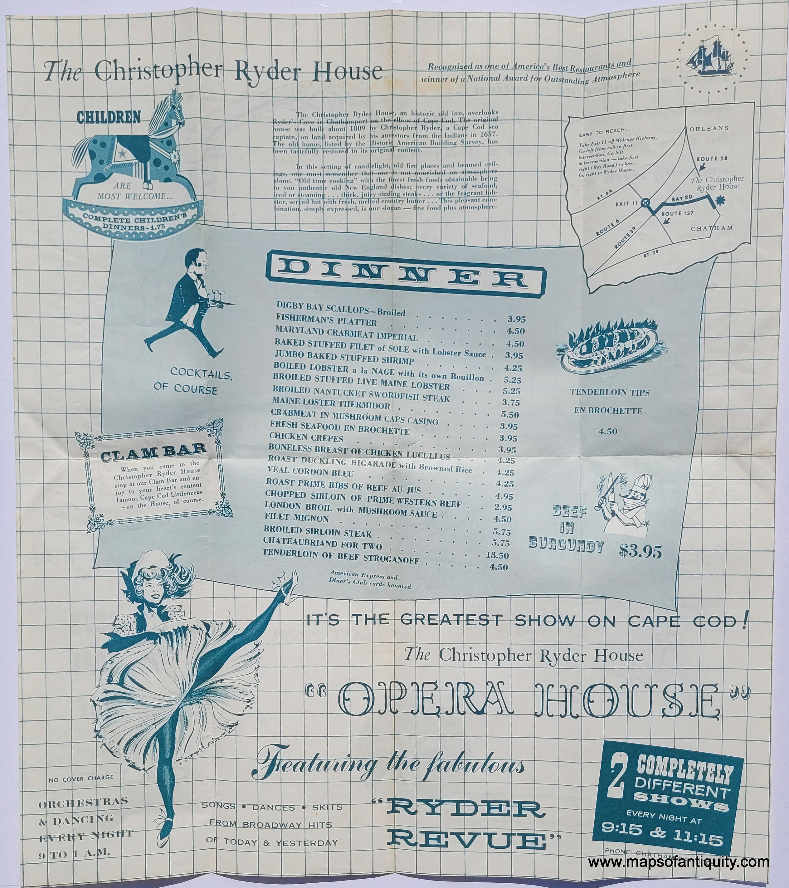 1960s - Christopher Ryder House Menu, Chatham MA, with Cape Cod Map ...