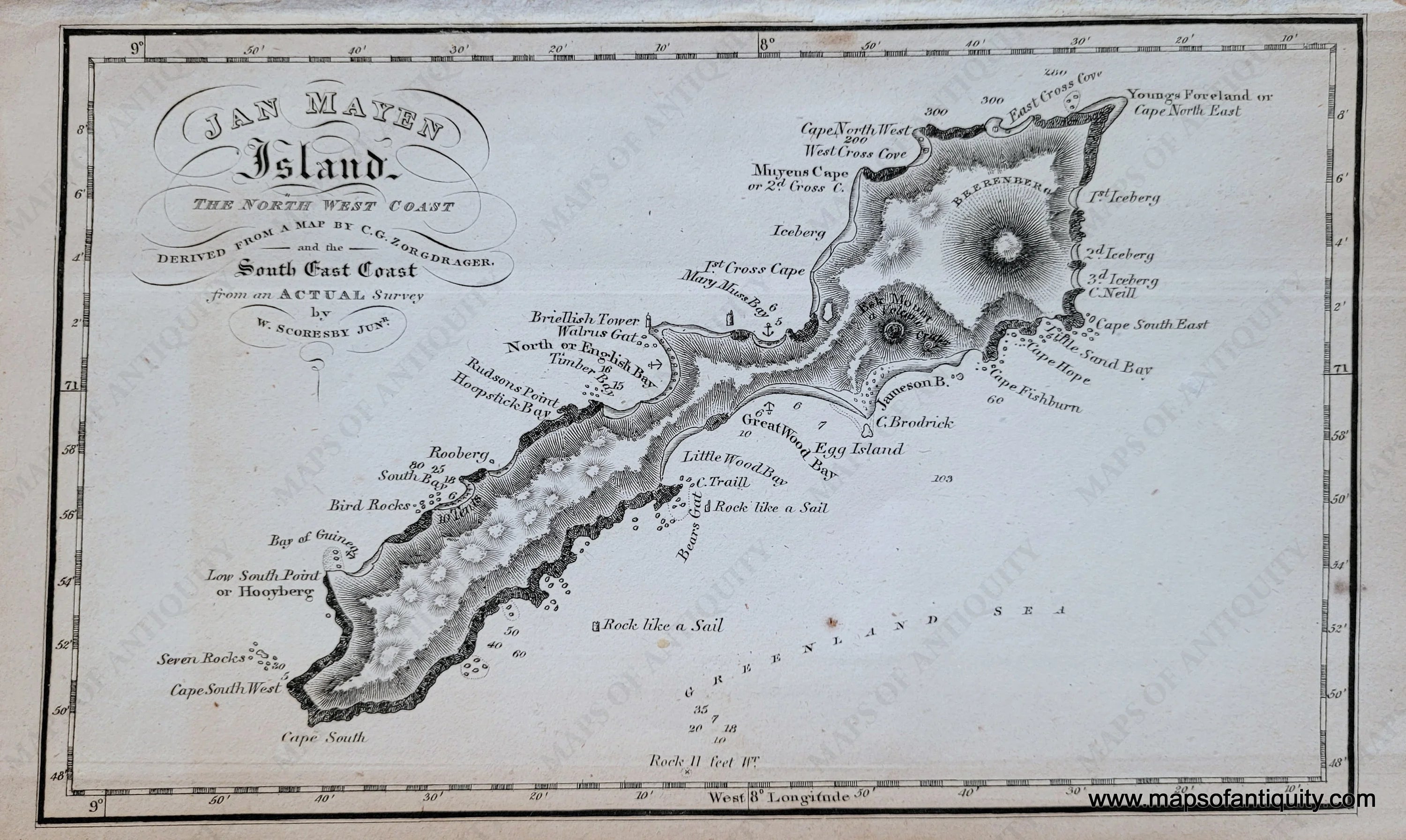 1820 Genuine Antique Map Jan Mayen Island. The North West Coast derived ...
