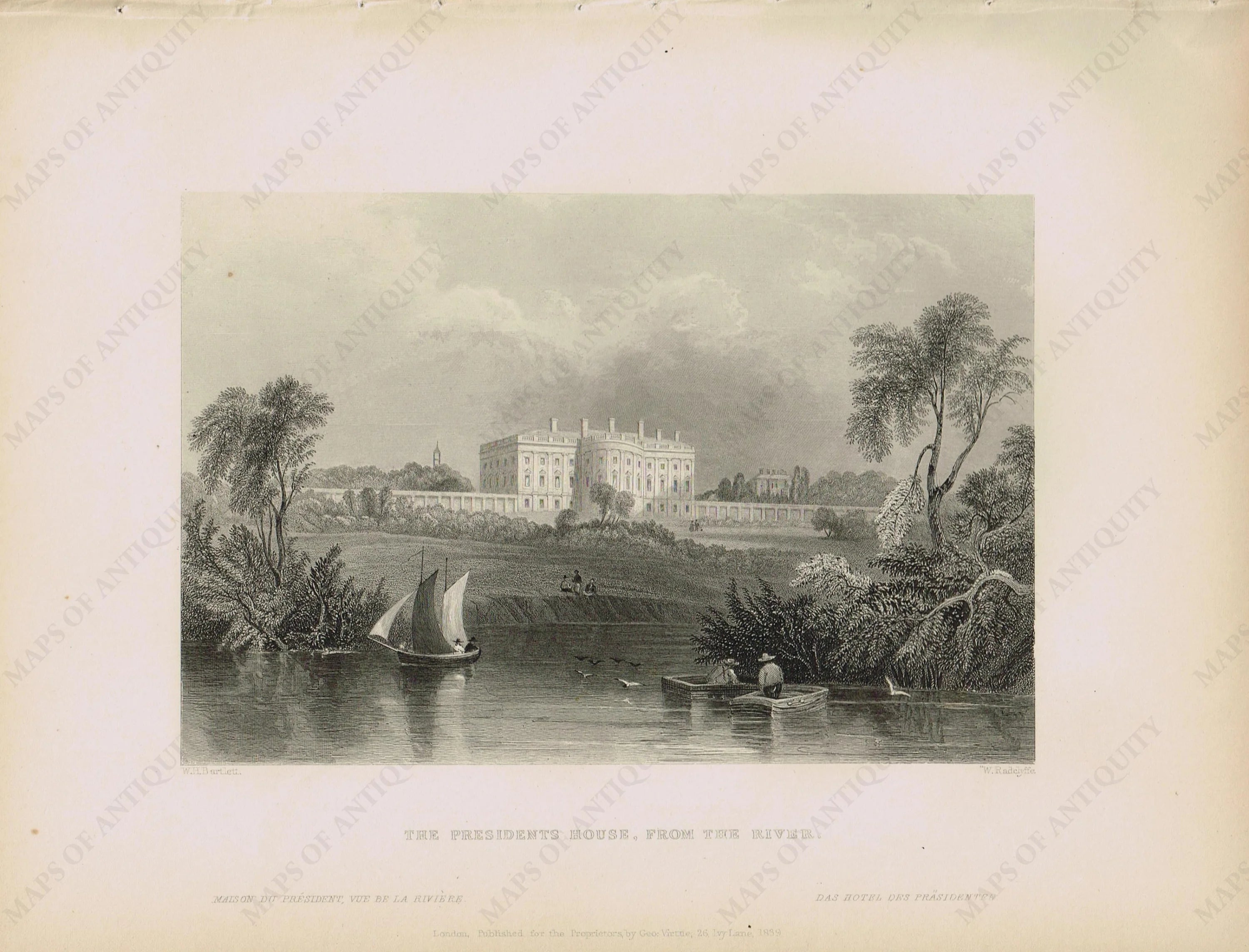 1839 Genuine Antique Print The Presidents House, From the River ...