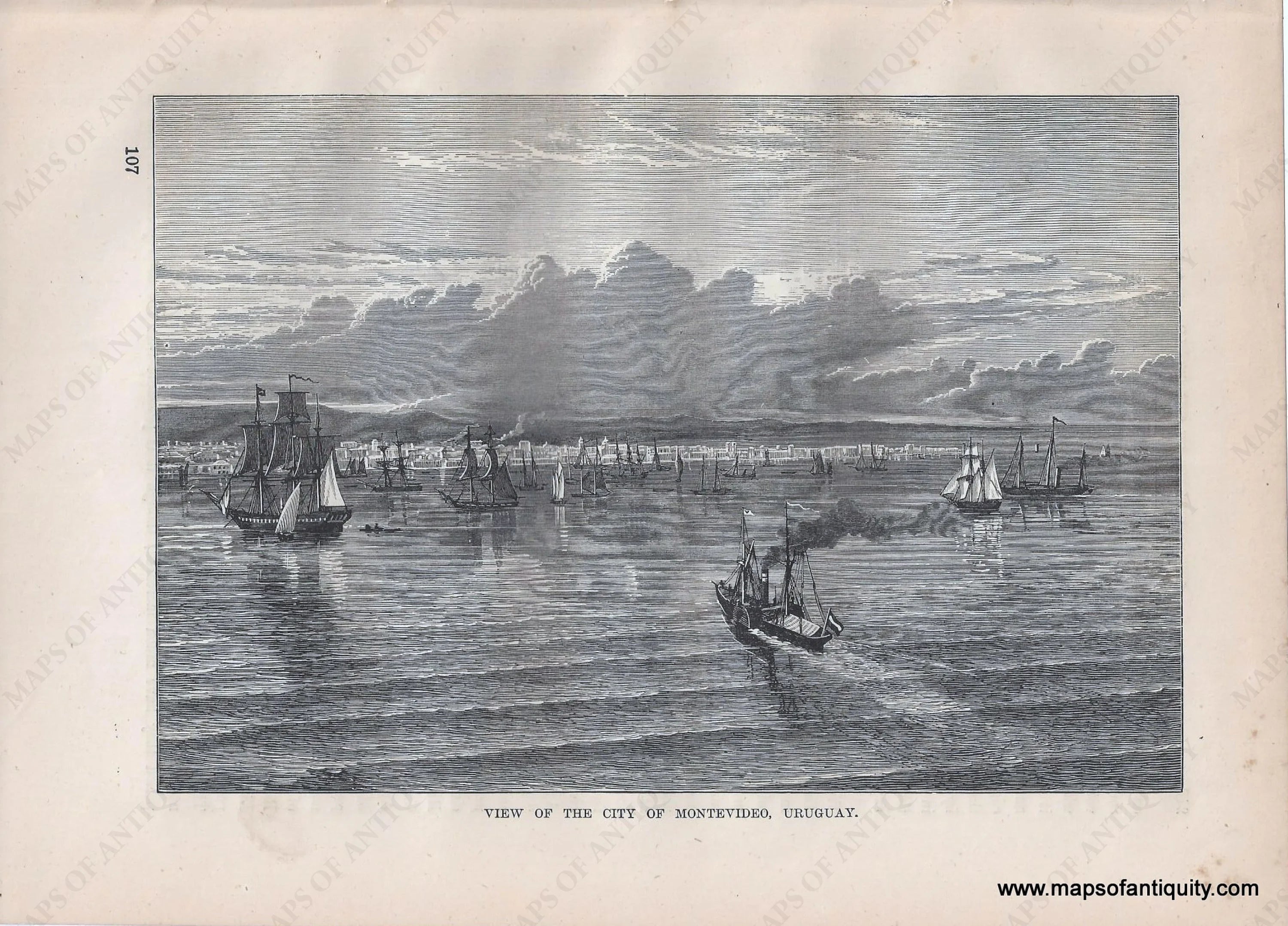1881 Genuine Antique Print View of the City of Montevideo, Uruguay ...