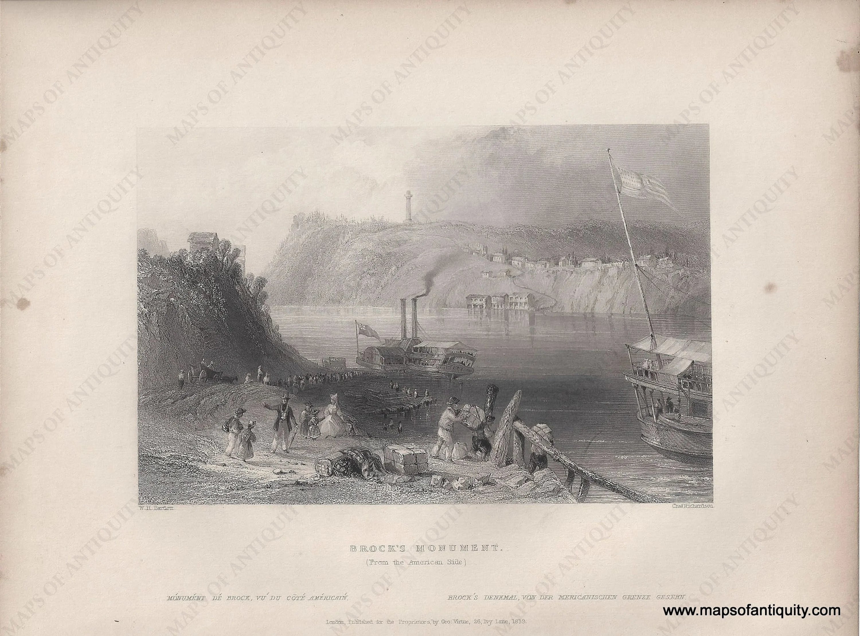 1839 Genuine Antique Print Brock's Monument (From the American Side ...