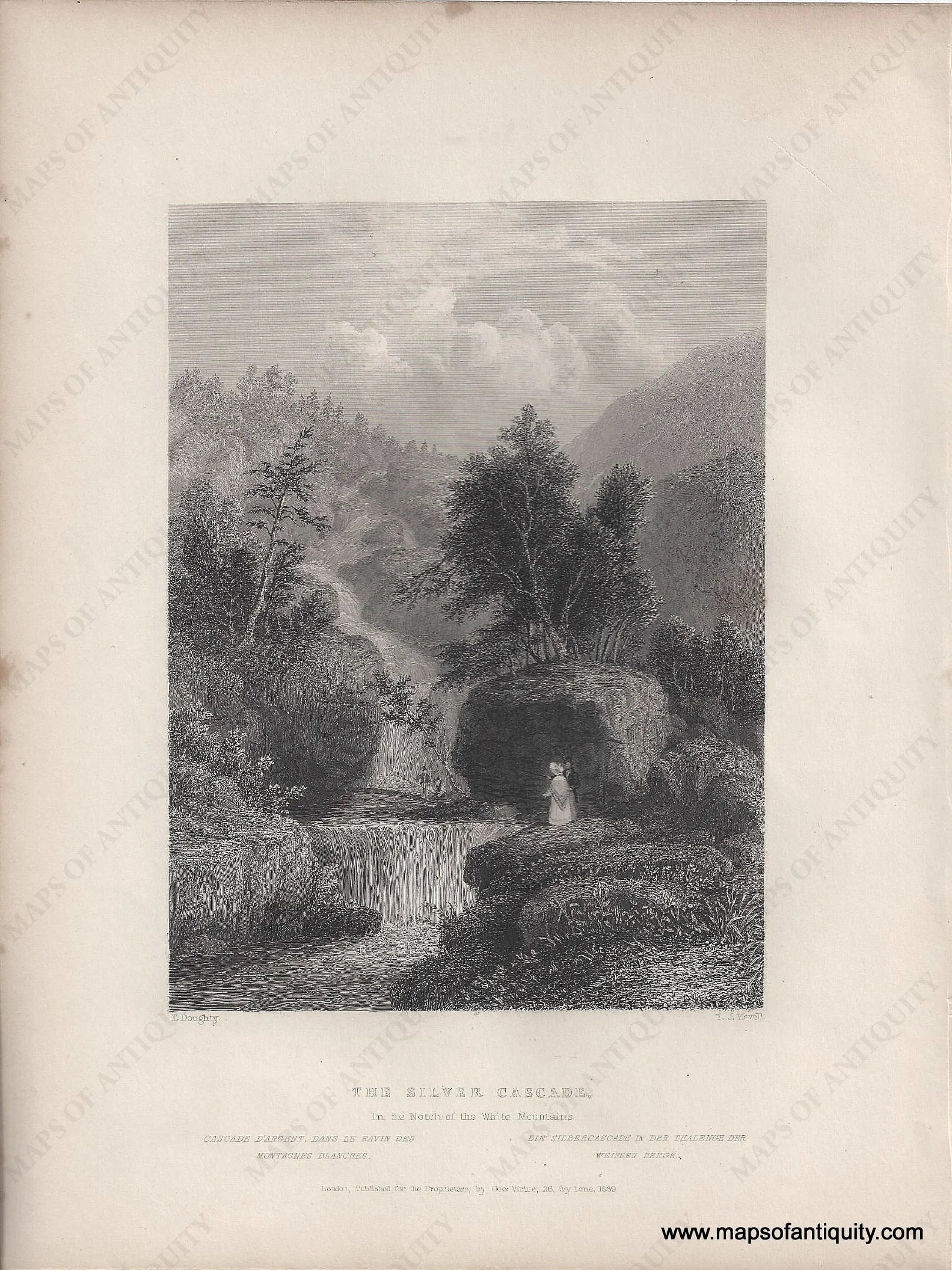 1839 Genuine Antique Print The Silver Cascade, In the Notch of the ...