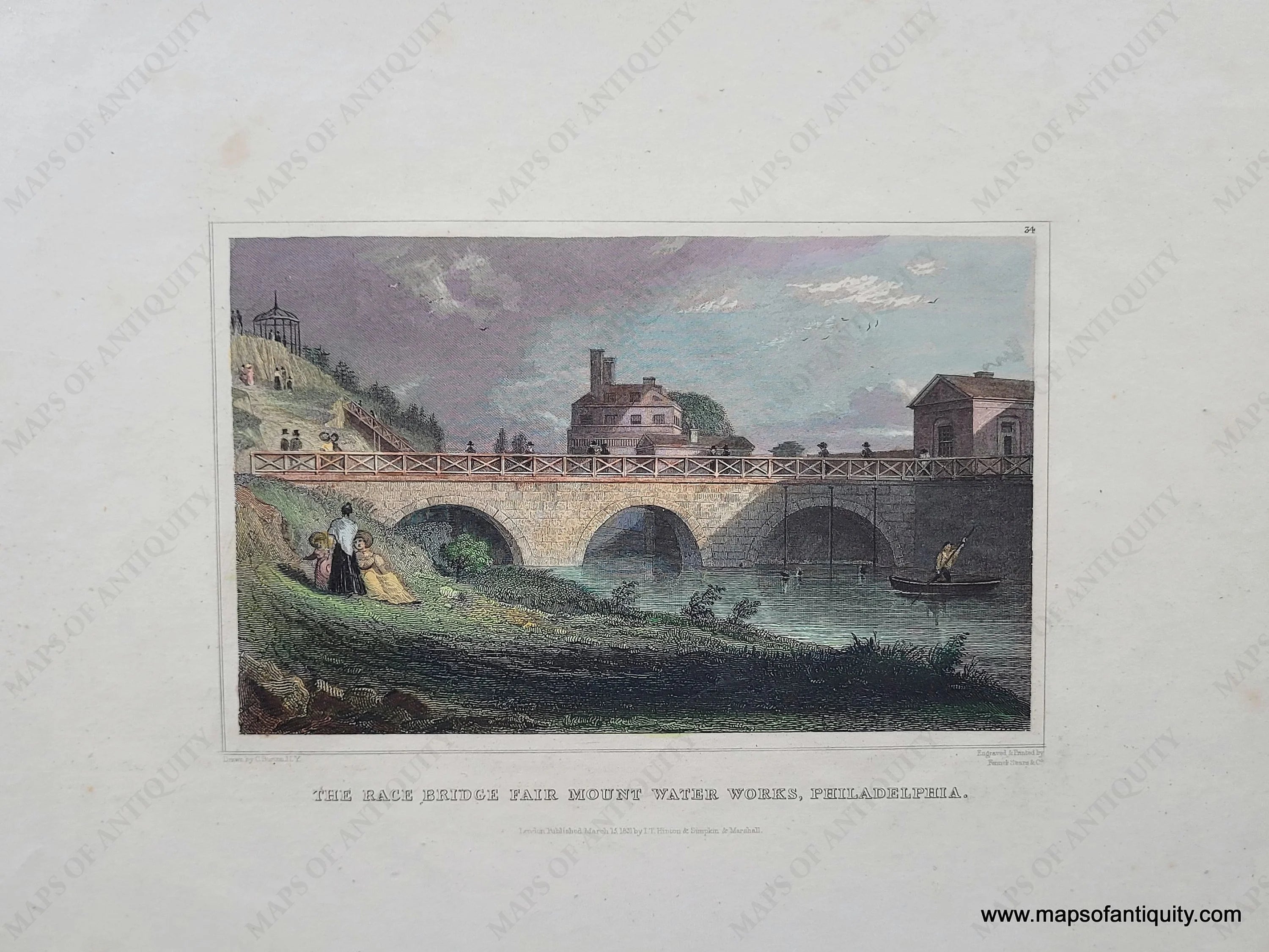 1831 Genuine Antique Print The Race Bridge Fair mount Water Works ...