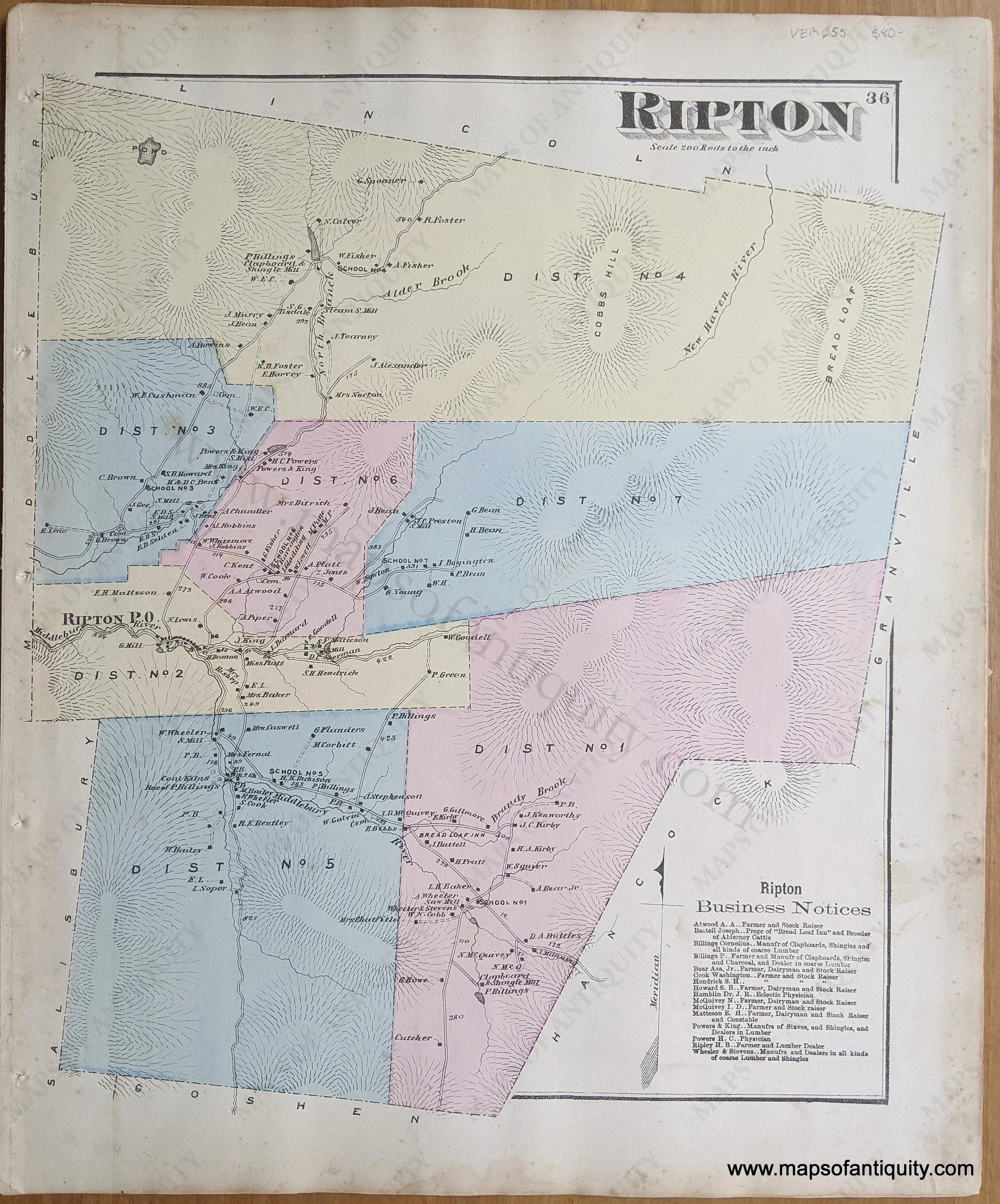 1871 - Ripton, VT - Vermont - Antique Map – Maps of Antiquity