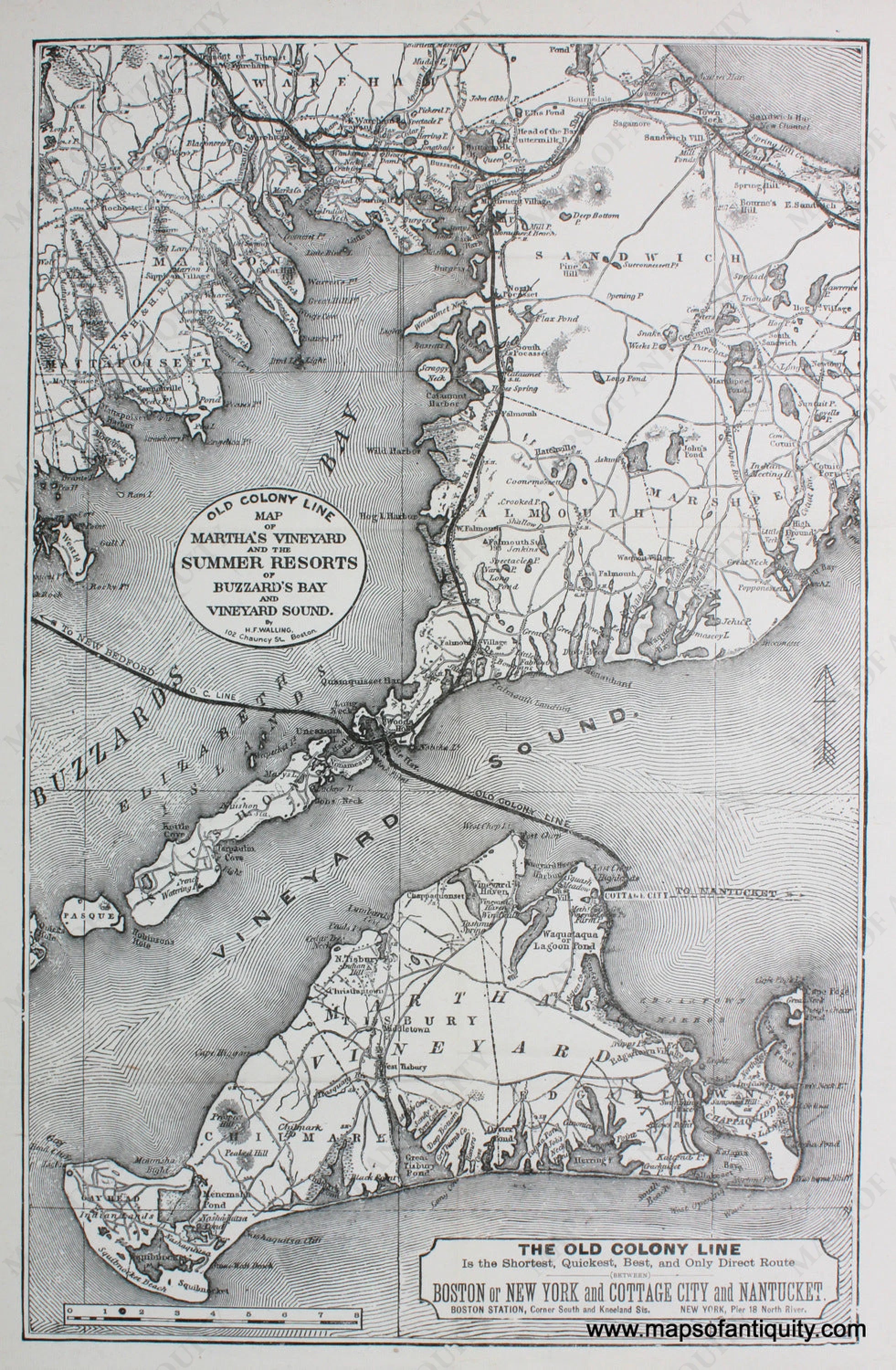 Old Colony Line Map of Martha's Vineyard or Buzzard's Bay and Vineyard ...