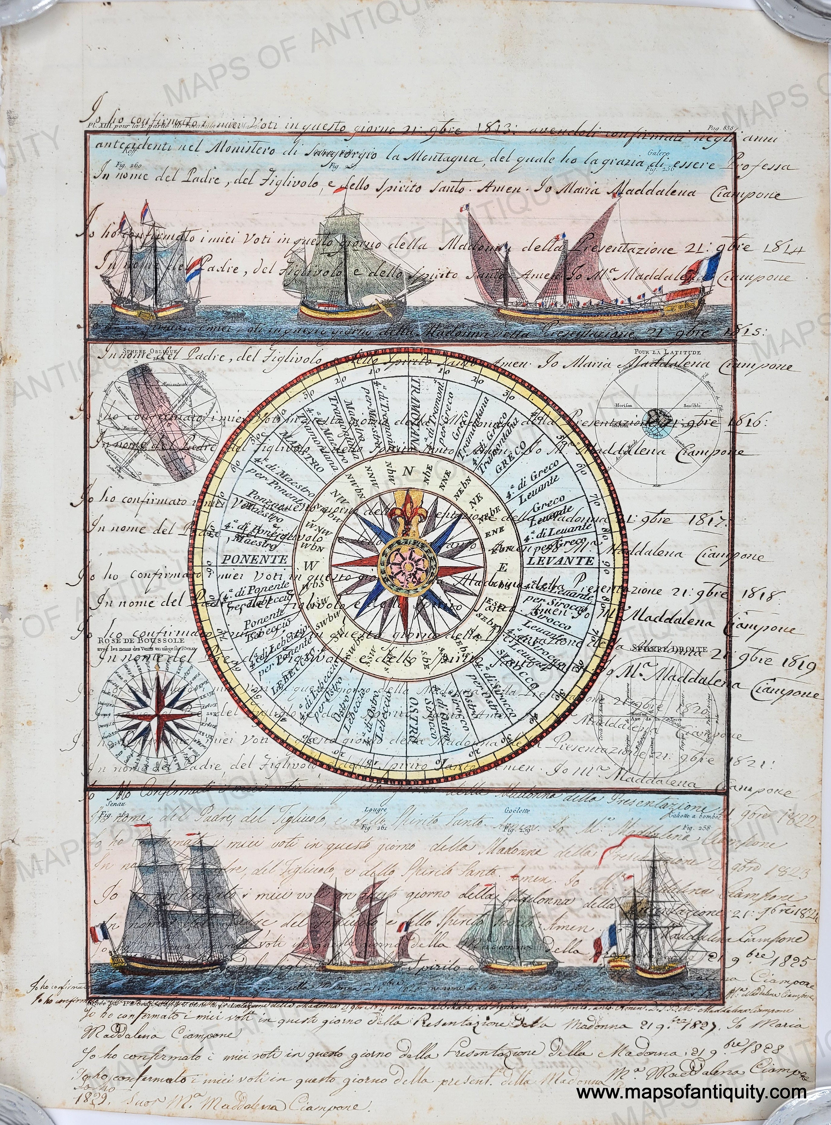 Ships with Compass Rose and Chart of Winds on Antique Paper- Reproduct ...