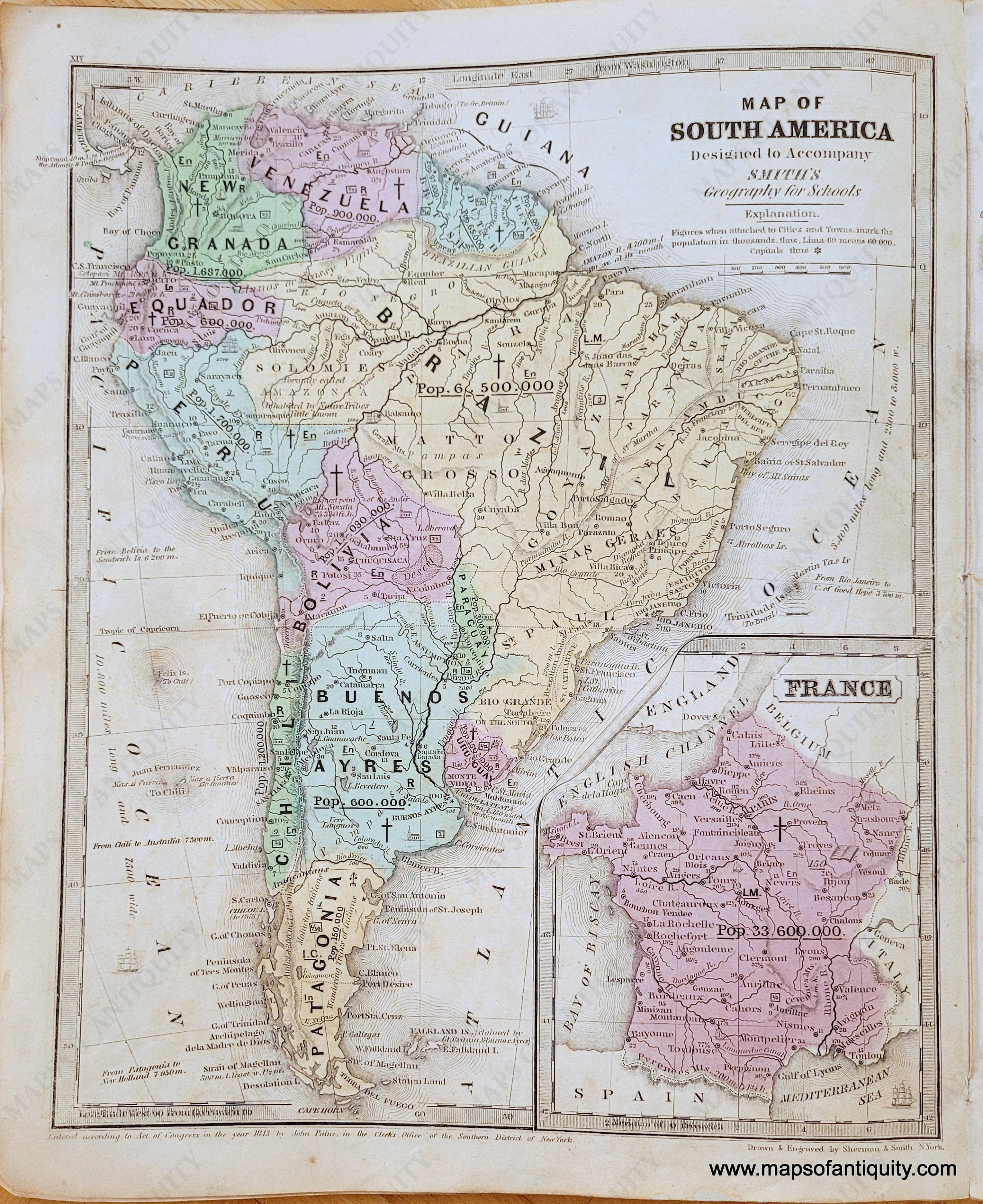 1839 Genuine Antique Map Map of South America [with inset map of France ...